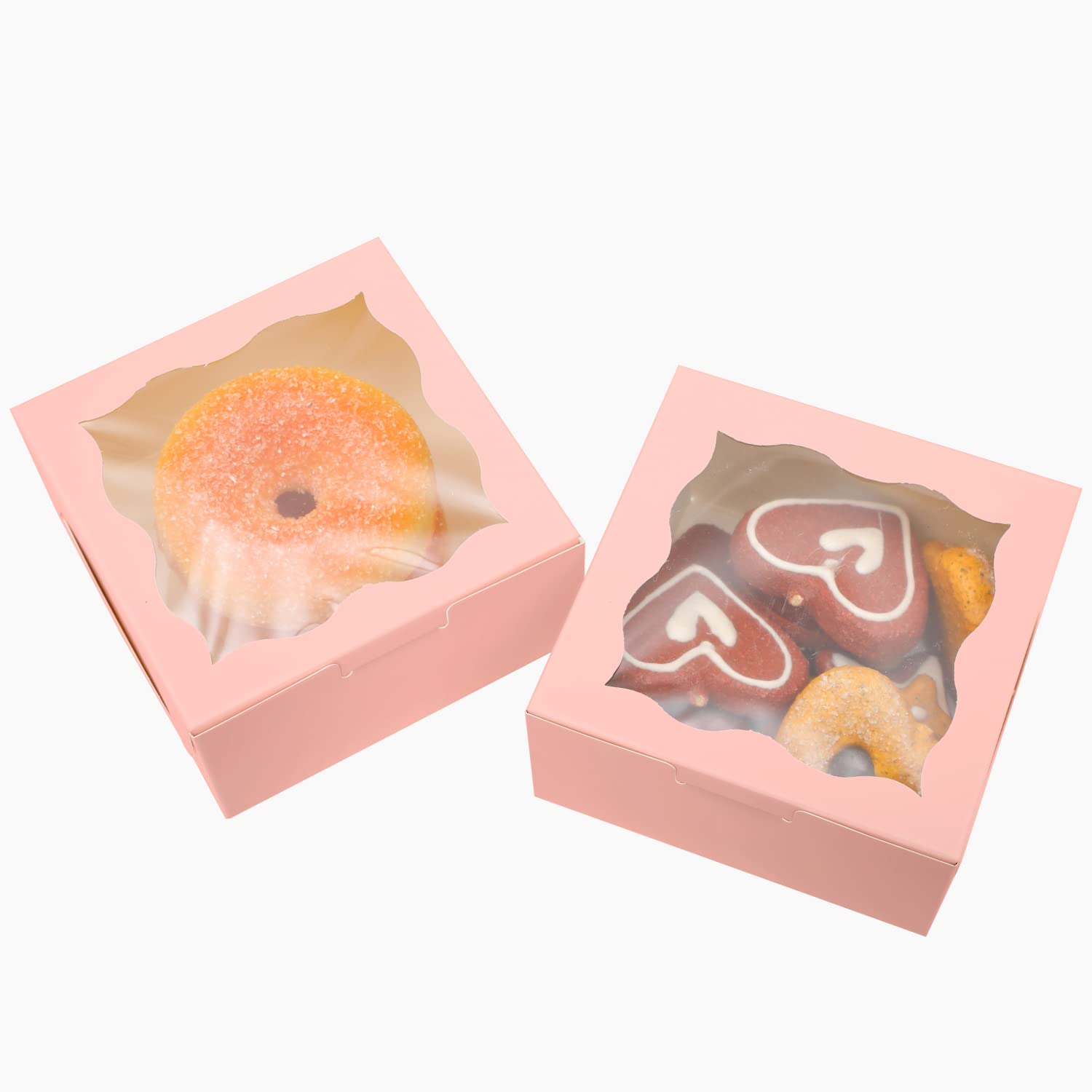 Bakepacker Pink Bakery Boxes with Window 4x4x2.5 inches Small Size Pastry Boxes Mini Cookie Boxes for Bakerys Thick & Sturdy (100 Packs)
