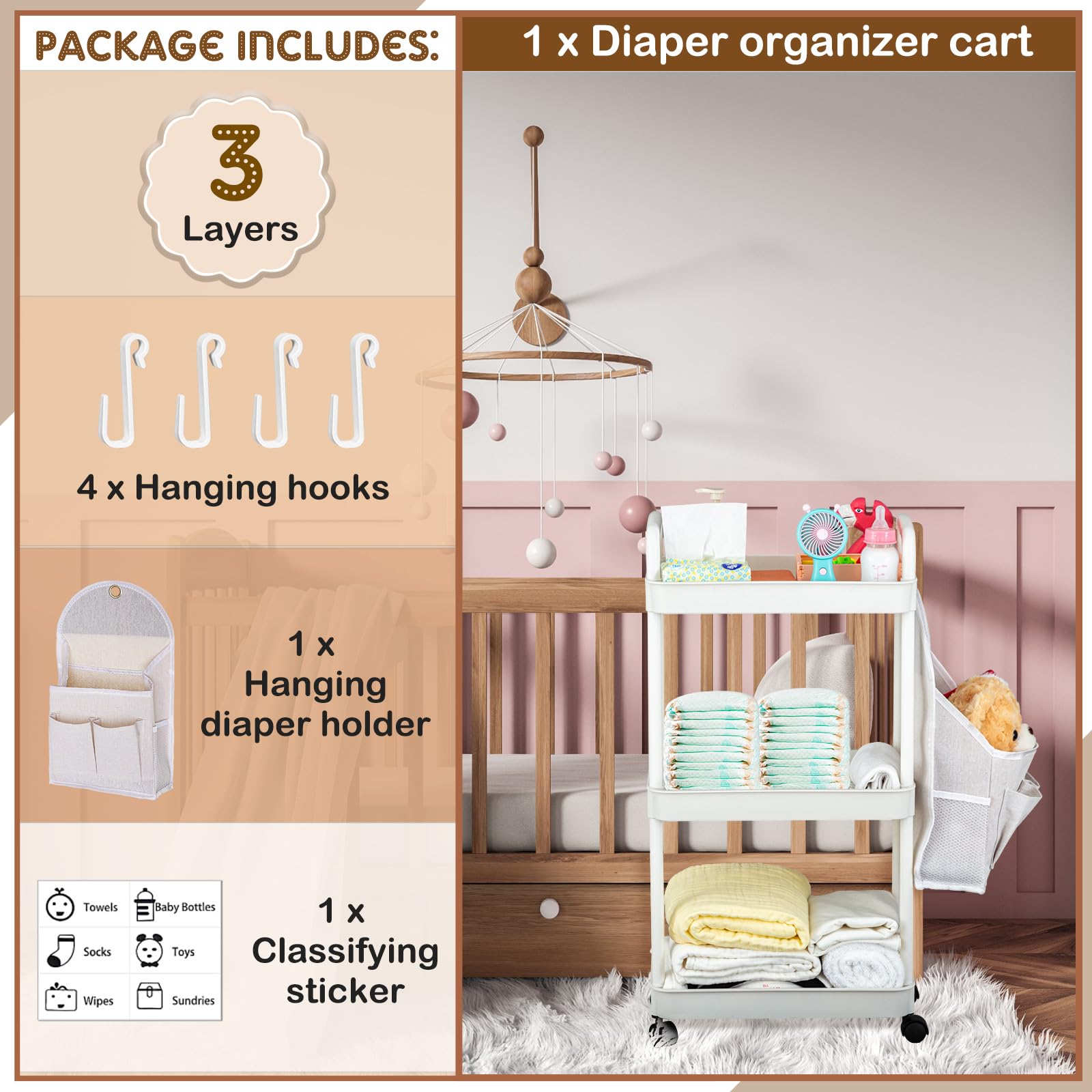 Barydat Baby Diaper Cart with Wheels and Handle 3 Tier Rolling Cart Diaper Organizer with Hanging Diaper Stacker Nursery Caddy Baby Organizer for Storage Baby Clothes, Wipes, Bibs, Changing Table Mats