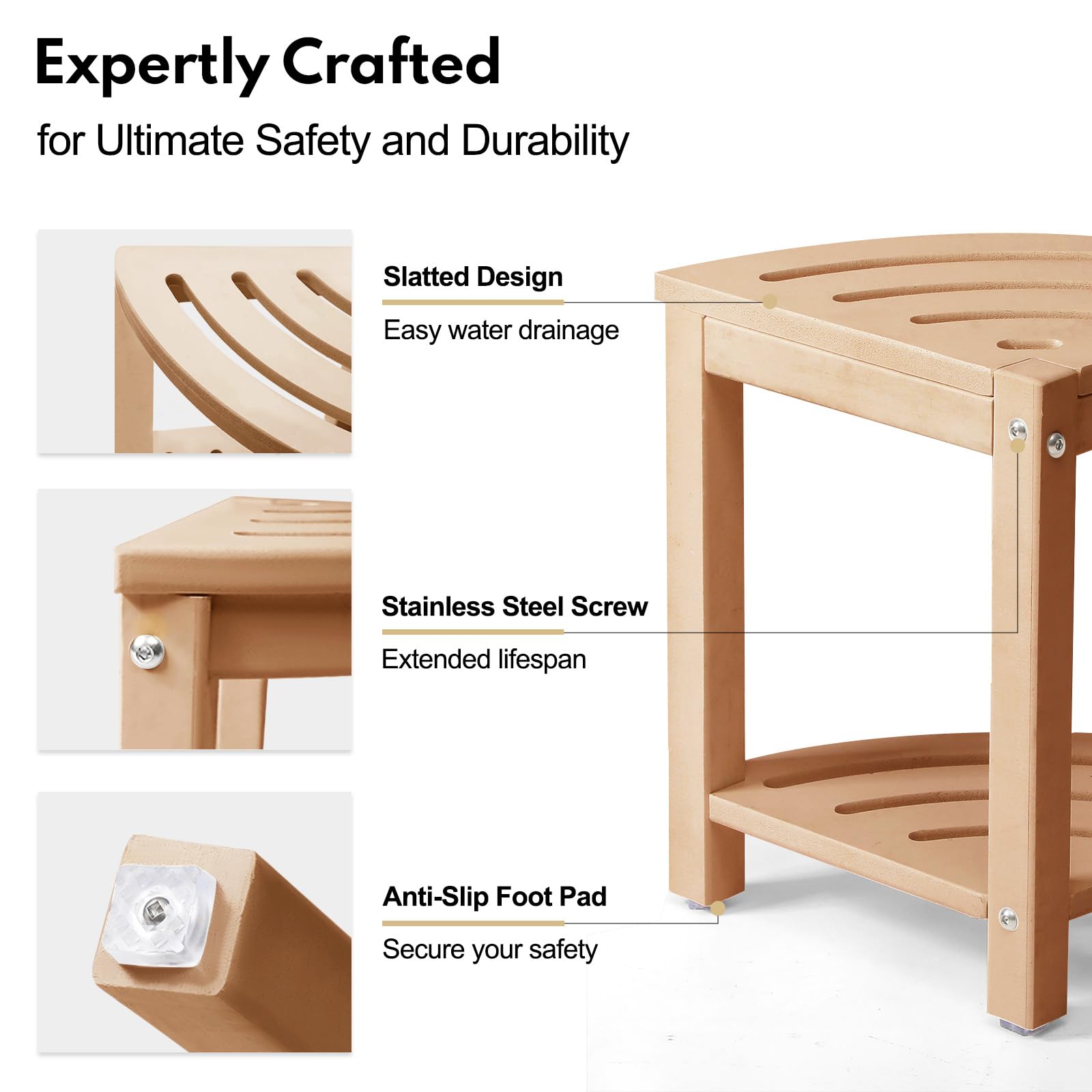 Corner Shower Stool for Inside Shower, HDPE Shower Stool for Shaving Legs, Waterproof Shower Bench with 2-Tier Storage, Small Shower Stool for Bathroom, Living Room, Bedroom , Non-Slip Feet, White