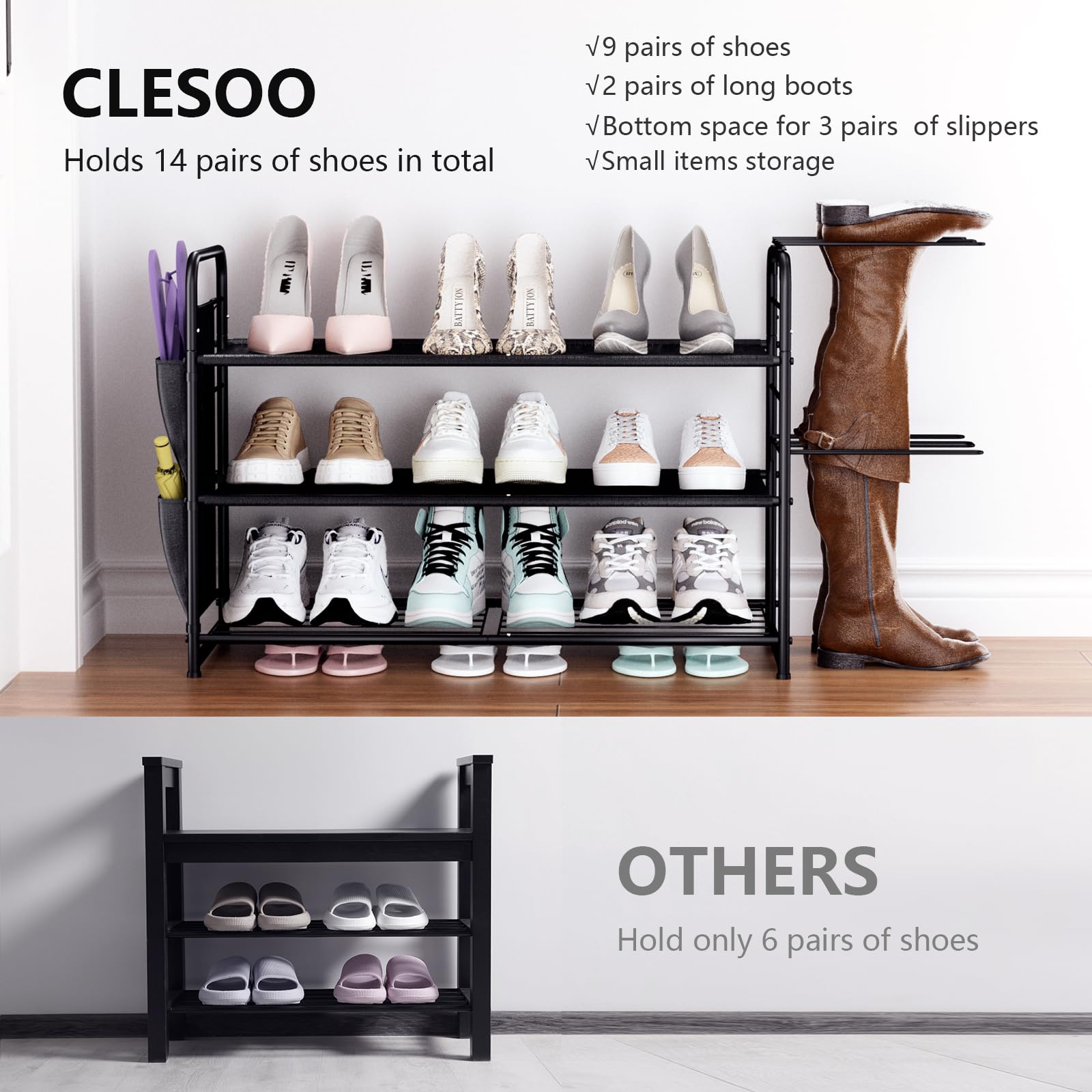 CLESOO Shoe Rack Storage Organizer 3-Tier Freestanding Metal Shoe Rack, Stackable Combination Shoe Rack with Side Pockets and Boot Organizer Rack Suitable for Entrances, Corridors, Garages