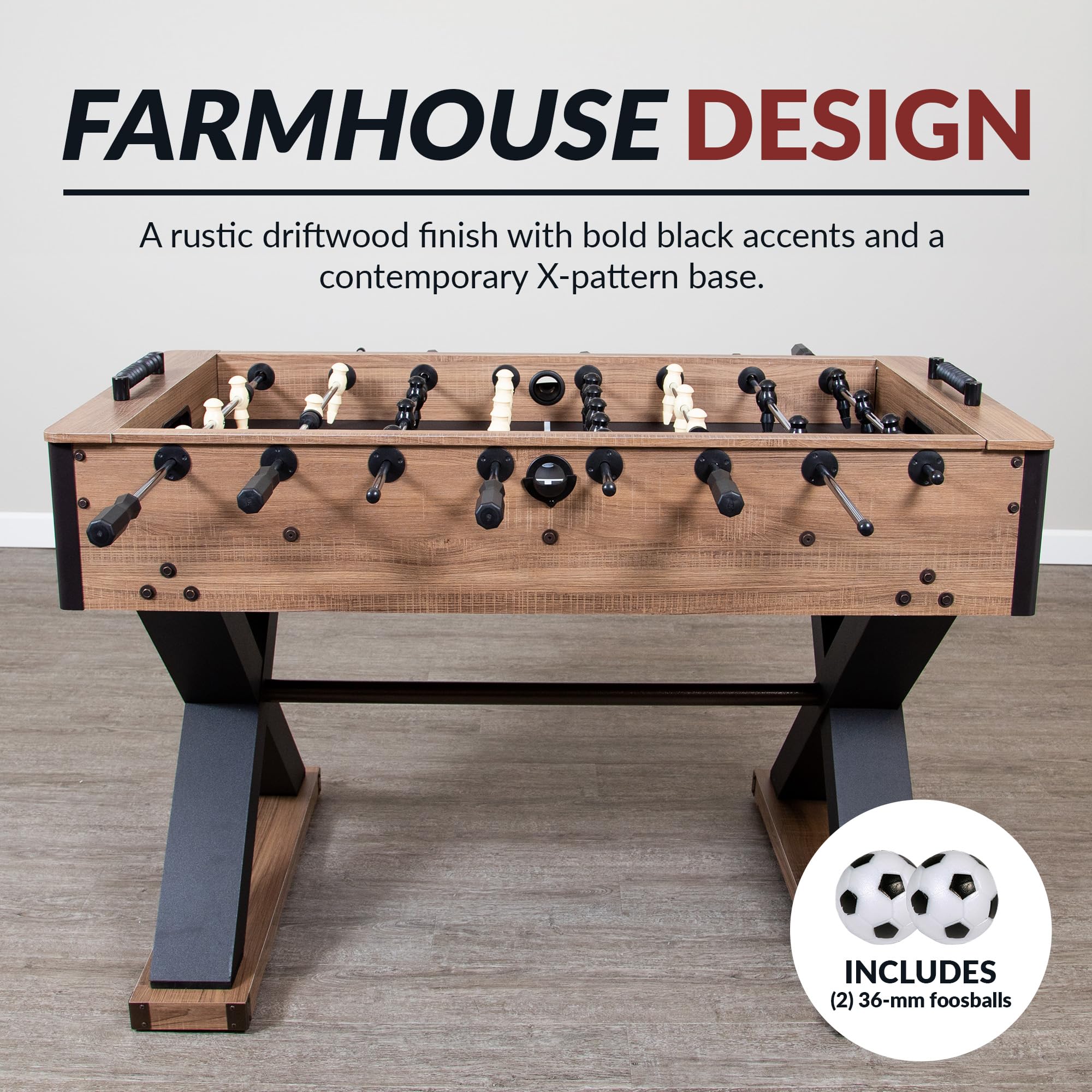 Hathaway Excalibur 54-in Foosball Table for Game Room - with Driftwood Melamine Finish, X-Pattern Base, Chrome Steel Rods, Adjustable Leg Levelers & Manual Scoring Units - Driftwood Finish