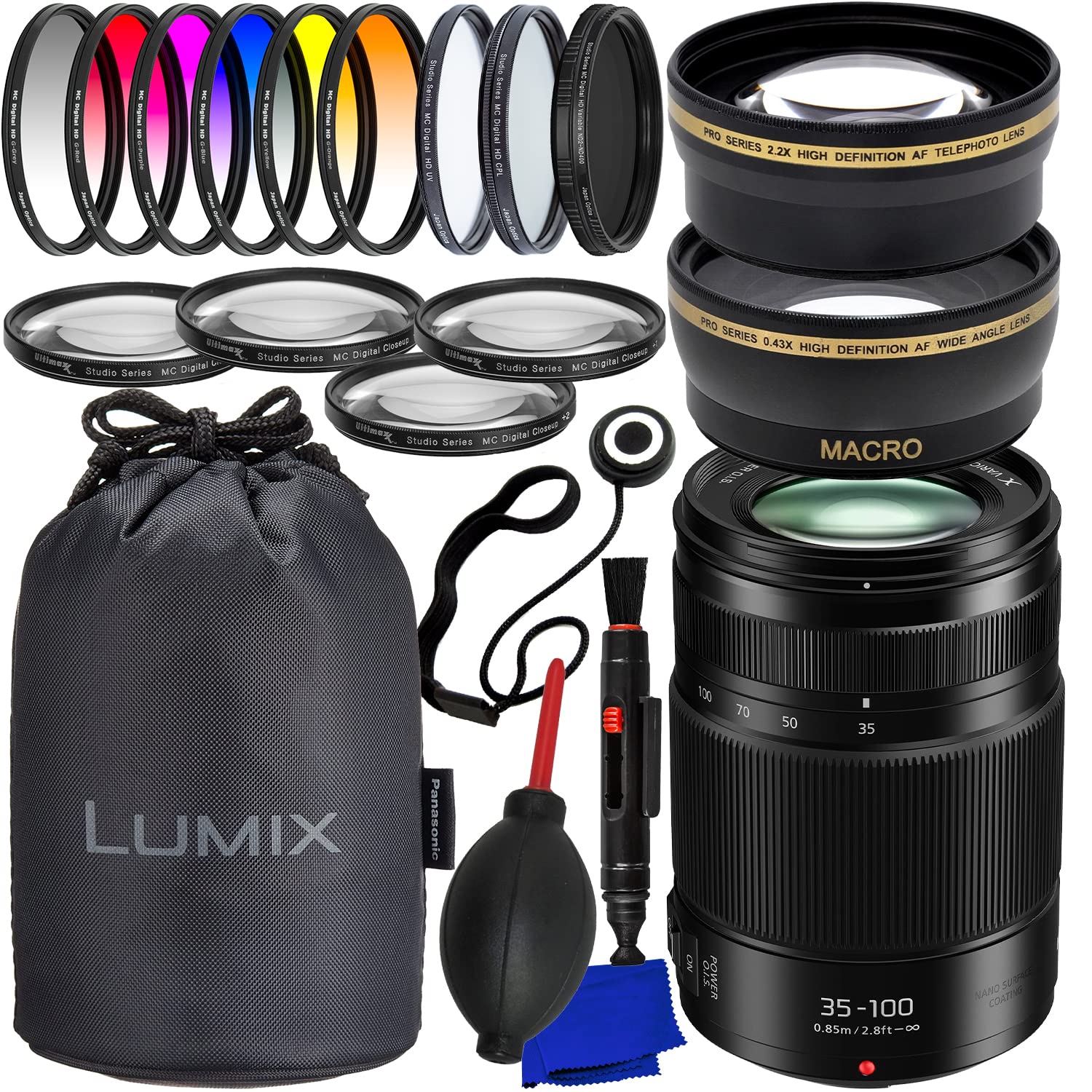 Panasonic Lumix G X Vario 35-100mm f/2.8 II Power O.I.S. Lens + Variable Neutral Density Filter (ND2-ND400), 0.43x Wide-Angle Lens Attachment, 2.2X Telephoto Lens Attachment & Much More (23pc Bundle)