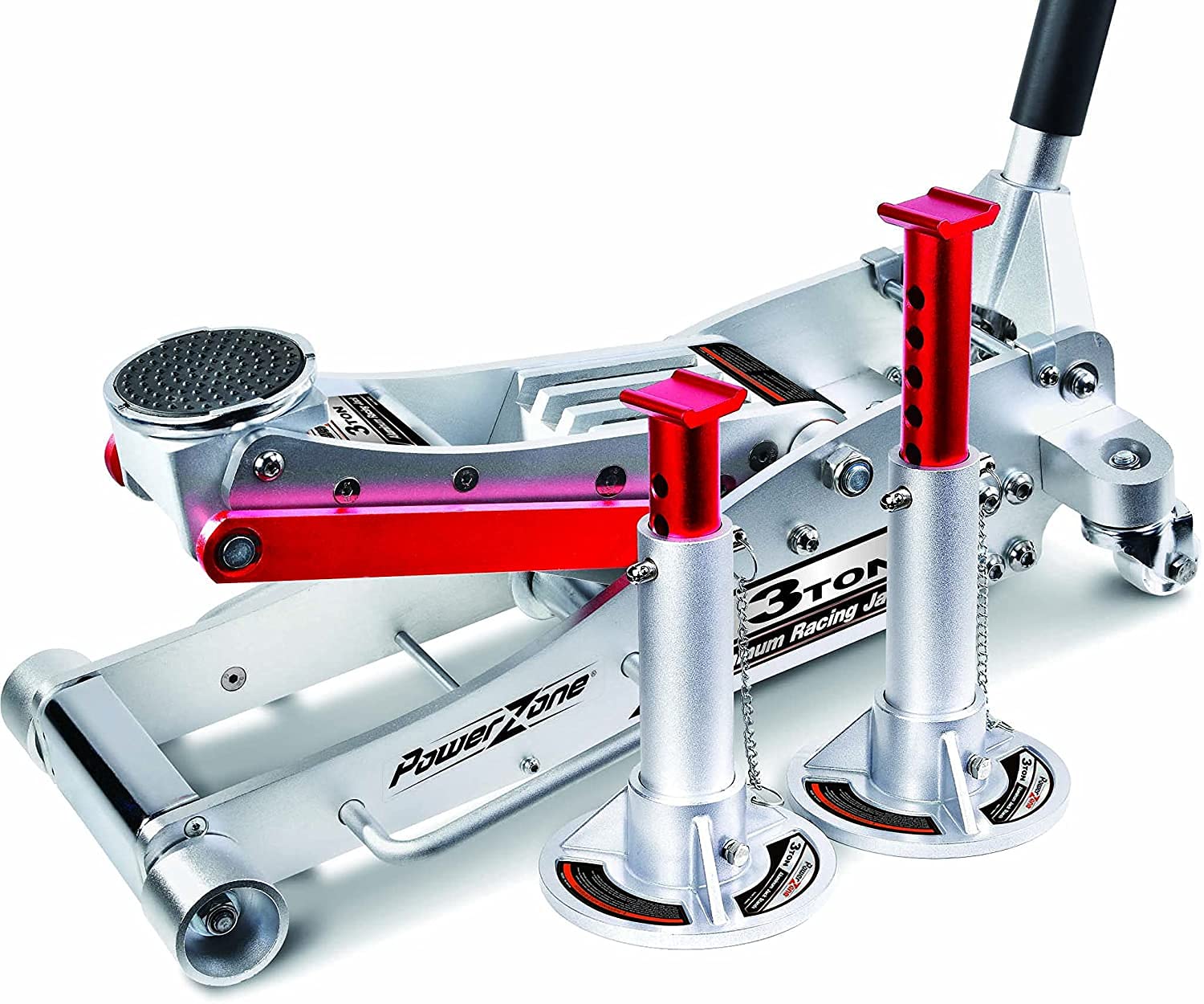 Power Zone 680065 Dual Pump Quick Lift 3 Ton Aluminum Hydraulic Racing Jack with 3 Ton Aluminum Jack Stands Combo Set,Silver,680065-A