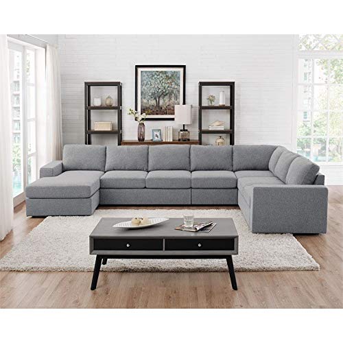 BOWERY HILL Contemporary Fabric 7 Seat Reversible Sectional Sofa Chaise in Gray