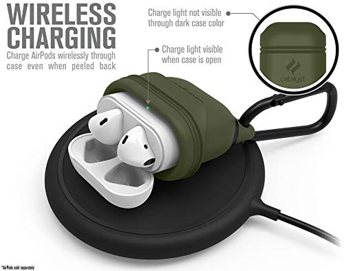 Waterproof Airpods Case 2 & 1 Cover by Catalyst, Shockproof and Drop Proof air pods Protective Cover Soft Skin, Carabiner, Silicone Sealing, Compatible Wireless Charging - Army Green