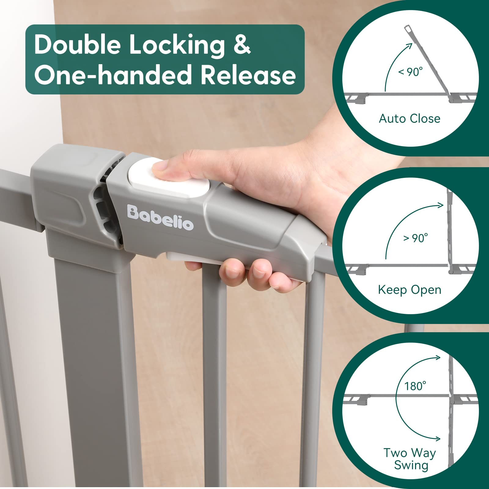 BABELIO 26-45.5 Inch Easy Install Extra Wide Pressure Mounted Metal Baby Gate, No Drilling, No Tools Required, Pet Gate with Wall Protectors and Extenders (Gray)