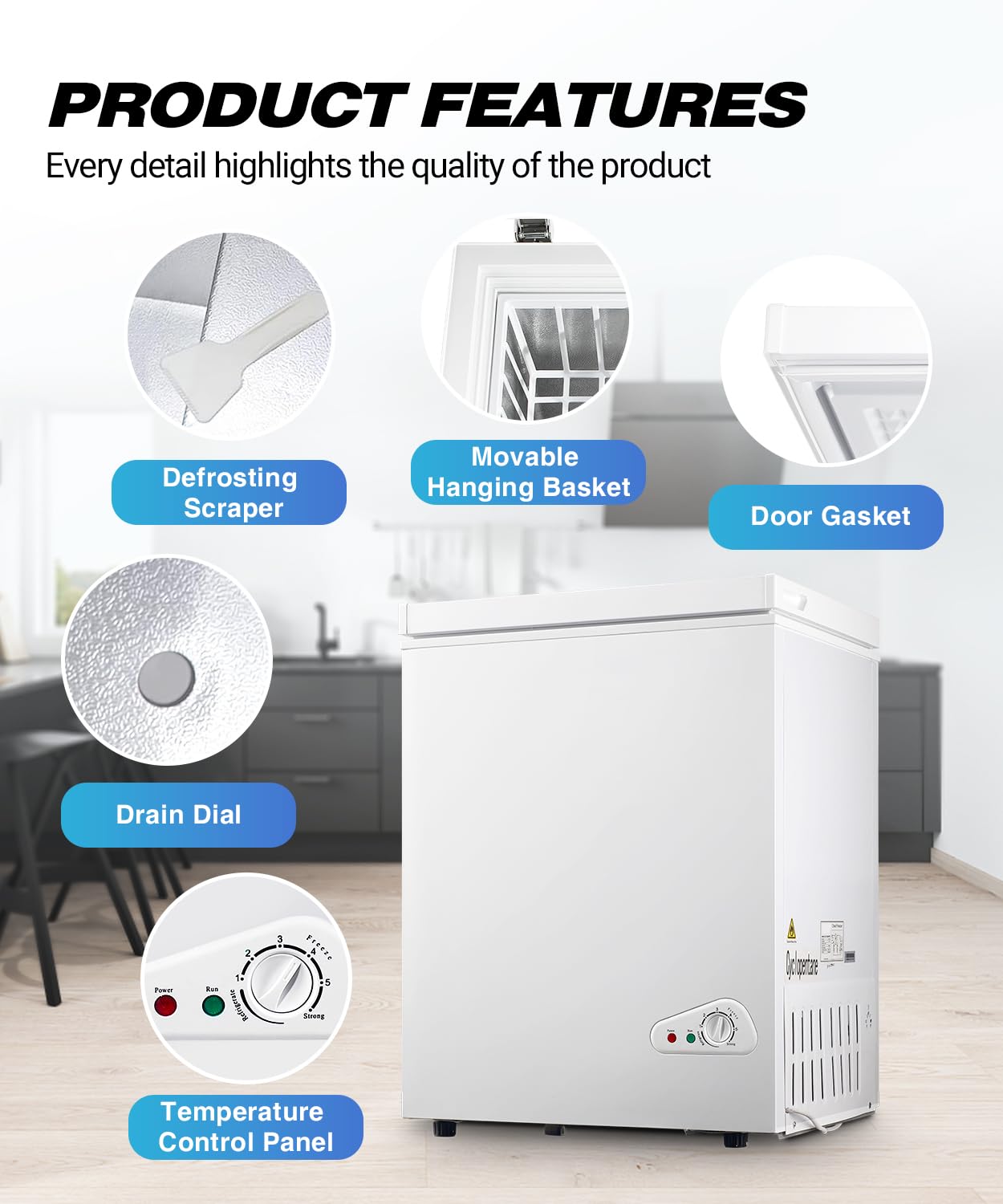 Chest Freezer 7.0 cu.ft Compact Freezer Top Door, White Deep Freezer Low Noise 7-grade Temperature Control Manual defrost with 2 Removable Basket, Applicable to Kitchen Office Bar