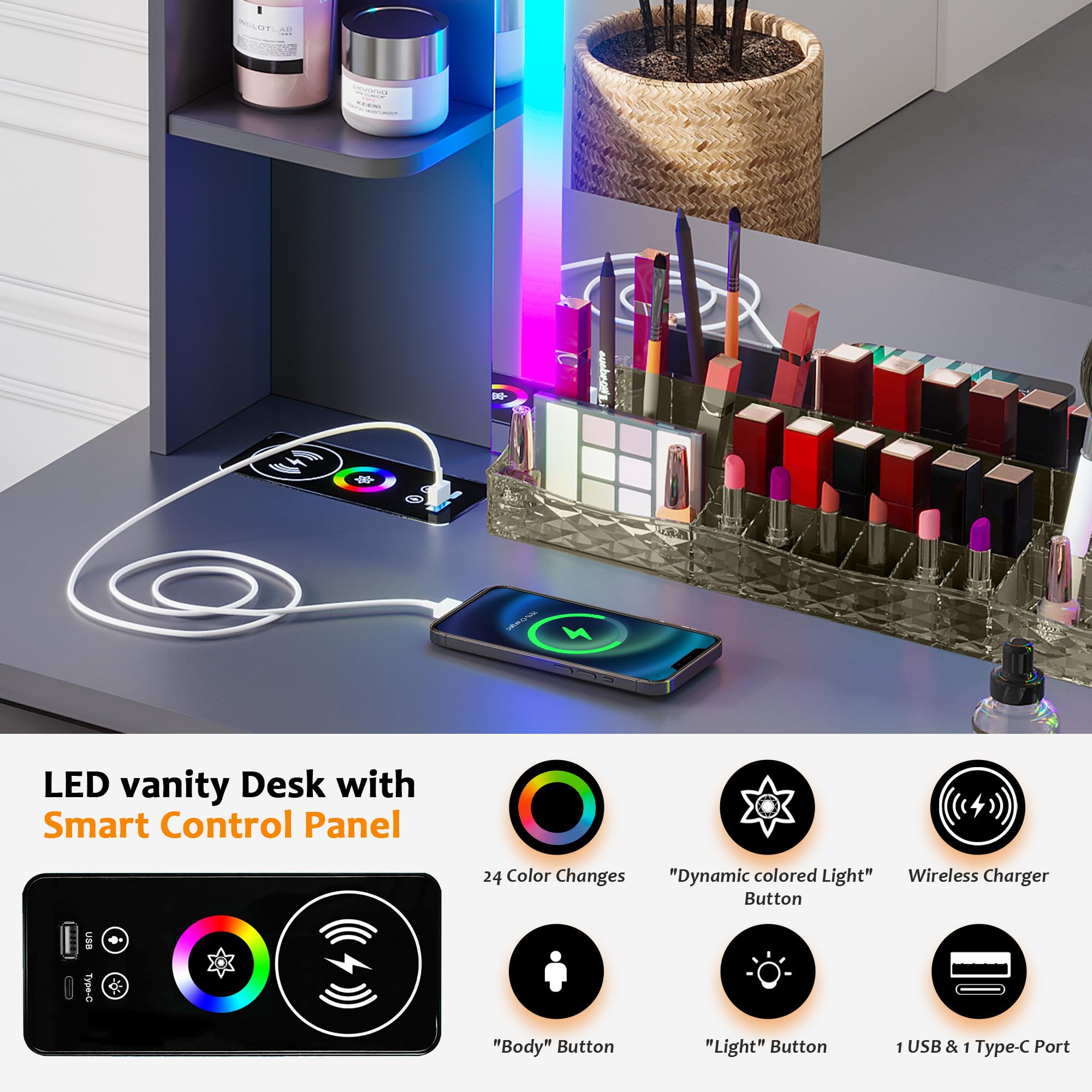 SKKTKT RGB LED White Vanity Desk with Mirror and Lights, 39.5" Makeup Vanity Table with Auto Sensor Flow Dazzling Lights and Wireless/USB/Type C Charging, Dressing Table with Stool and 6 Drawers