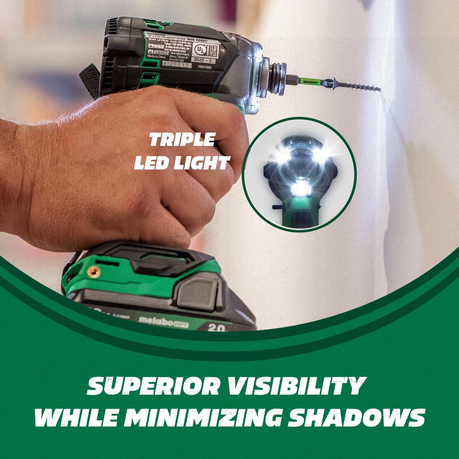 Metabo HPT 18V MultiVolt™ Cordless Triple Hammer BOLT Impact Driver Set, Power Impact Driver Kit with Case, 2 Lithium-Ion Batteries and Charger, 1/4-Inch Chuck, Compact LightWeight Power Tool, WH18DC