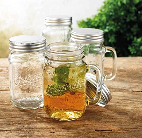 Mason Jar 16 Oz. Glass Mugs with Handle and Lid Set Of 4 - Home Essentials & Beyond - Old Fashioned Drinking Glass Bottles Original Mason Jar Pint Sized Cup Set.