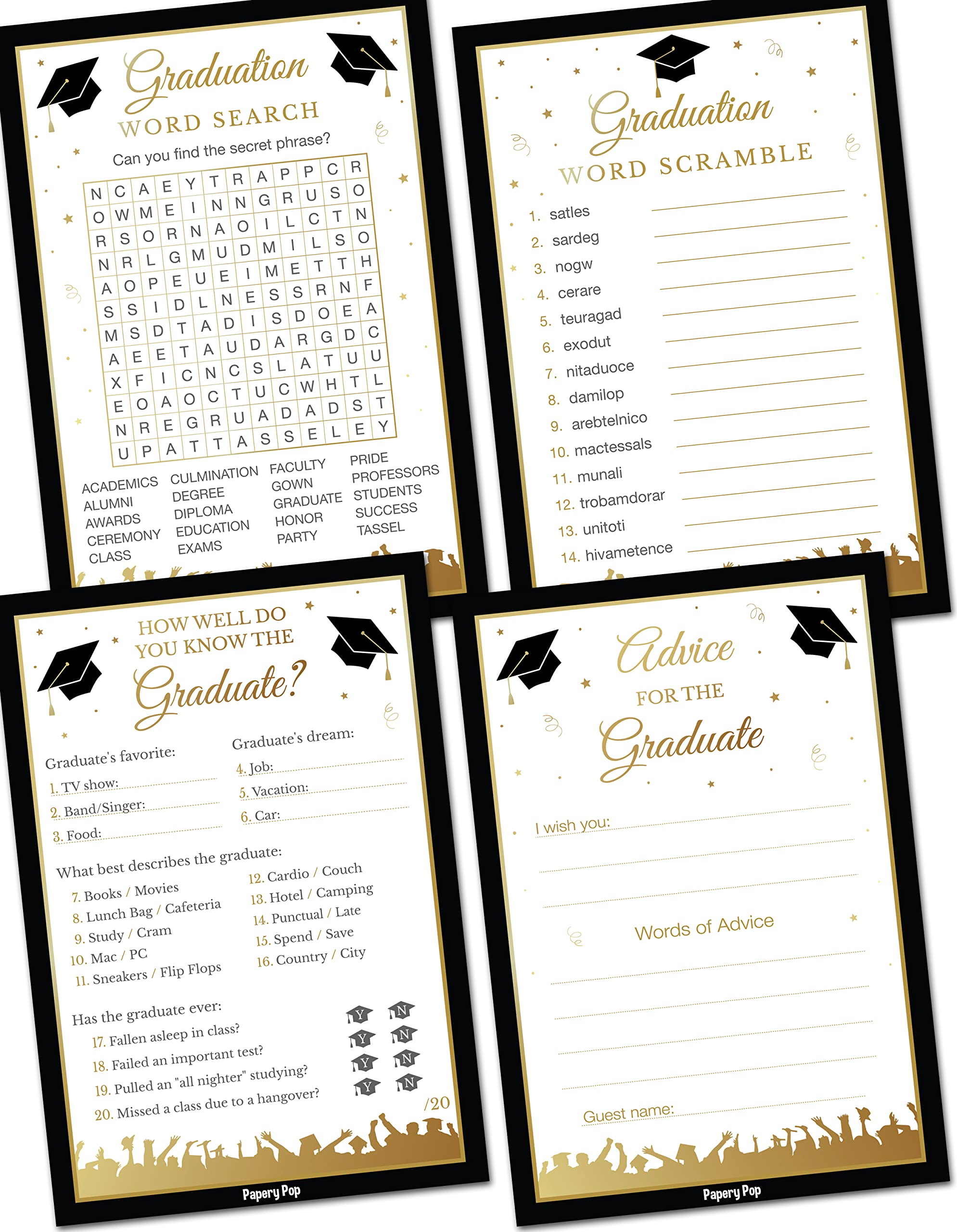 Papery Pop 2024 Graduation Party Games - Set of 4 Games for 30 Guests - Double Sided Cards - Graduation Party Supplies