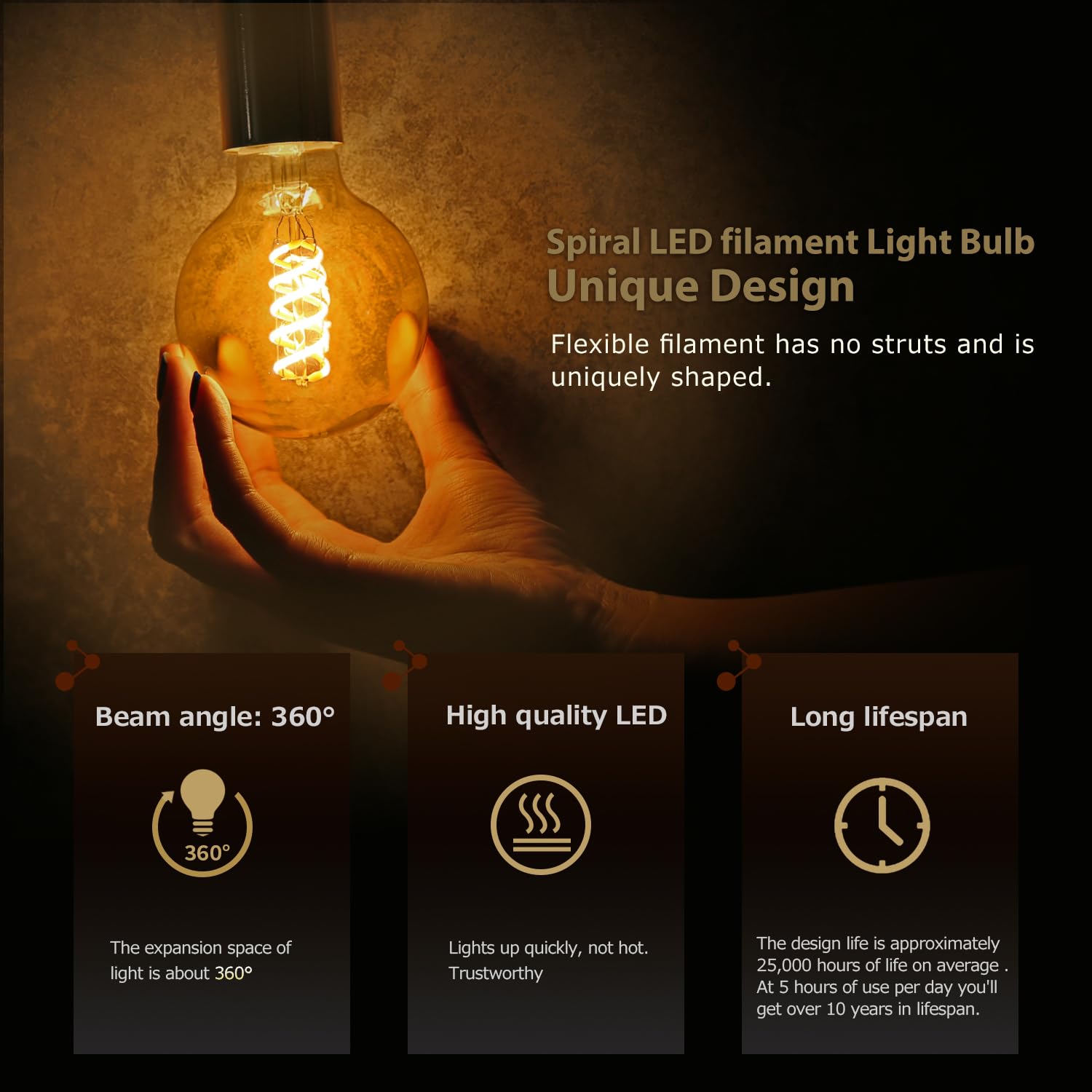 G25 LED Globe Light Bulbs, Antique Flexible Spiral LED Filament Light Bulb, Vintage LED Edison Bulb,4 Pack, Warm White 2500K,6W Equivalent to 60W, 600LM,Dimmable with 80+ CRI,E26 Base, Amber Glass