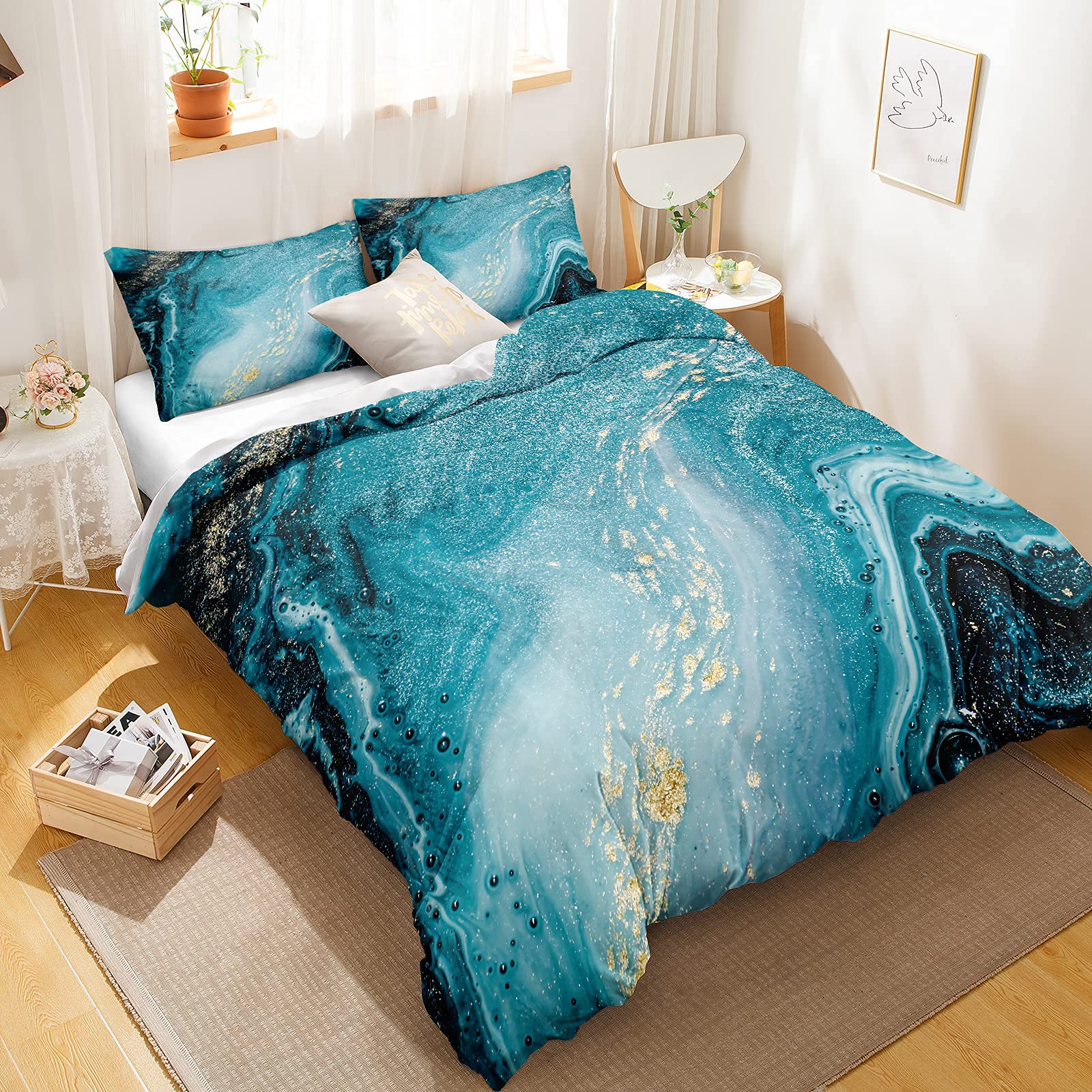 Bedbay Marble Duvet Cover Queen Size Teal Marble Bedding Set Blue Gold Marble Texture Abstract Bedding Comforter Cover(Teal,Queen)