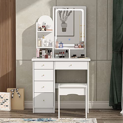 FUFU&GAGA Vanity Set with Mirror, Makeup Vanity Dressing Table with 5 Drawers, Shelves, Dresser Desk and Cushioned Stool Set (Lighted Mirror Vanity Set, 31.5" W x 15.7" D x 55.1" H)