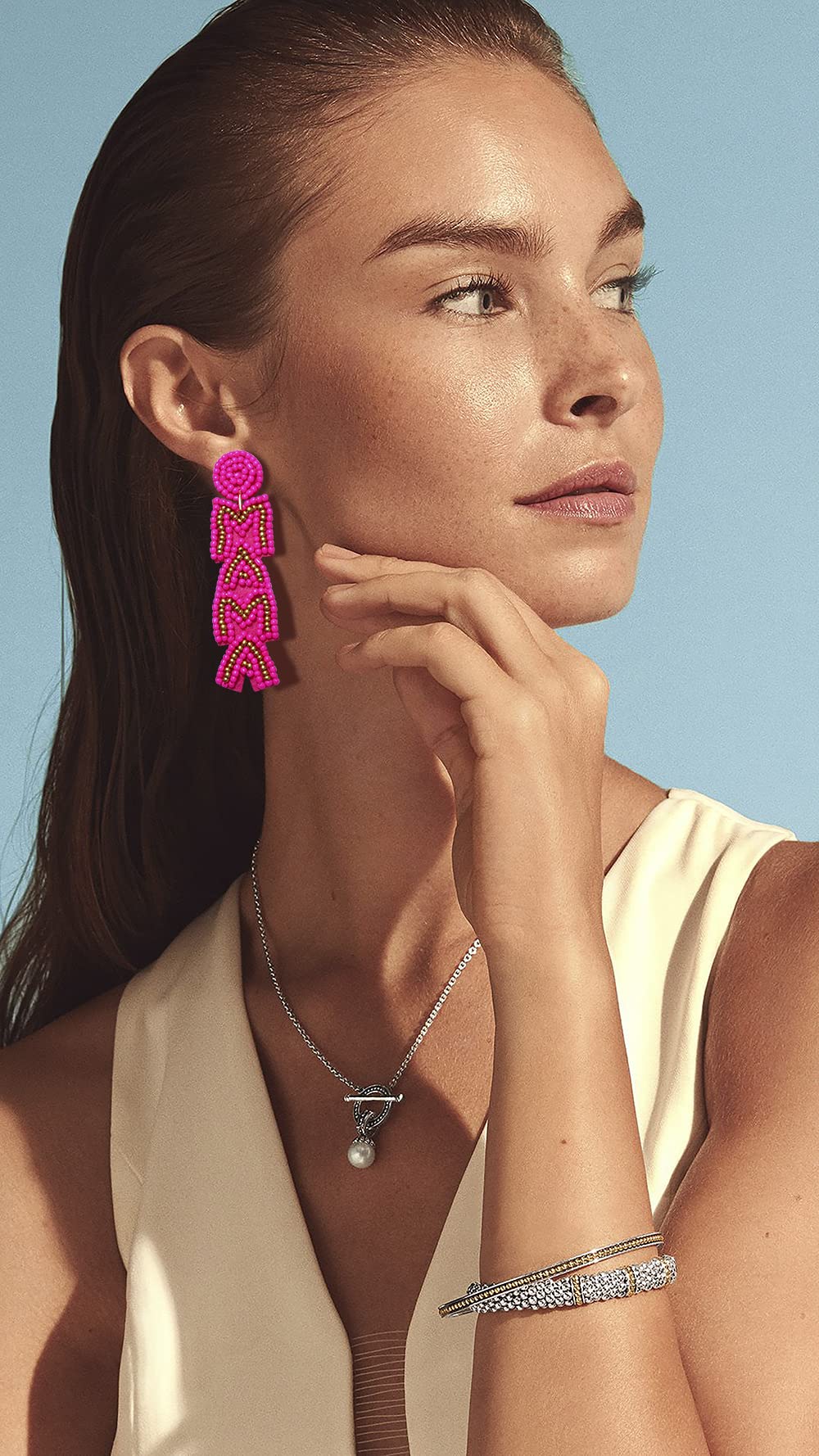 Boderier Mother's Day Beaded Earrings Long Rhinestone MAMA Beaded Drop Earrings Mother's Gift (Hot Pink)