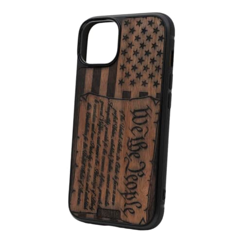 GR8CASE | iPhone 14 Case | iPhone Wood Case | Hand Crafted | Cherry Wood Phone Case | Black Stained Cherry | Constitution | We The People On American Flag | Handmade Phone Case