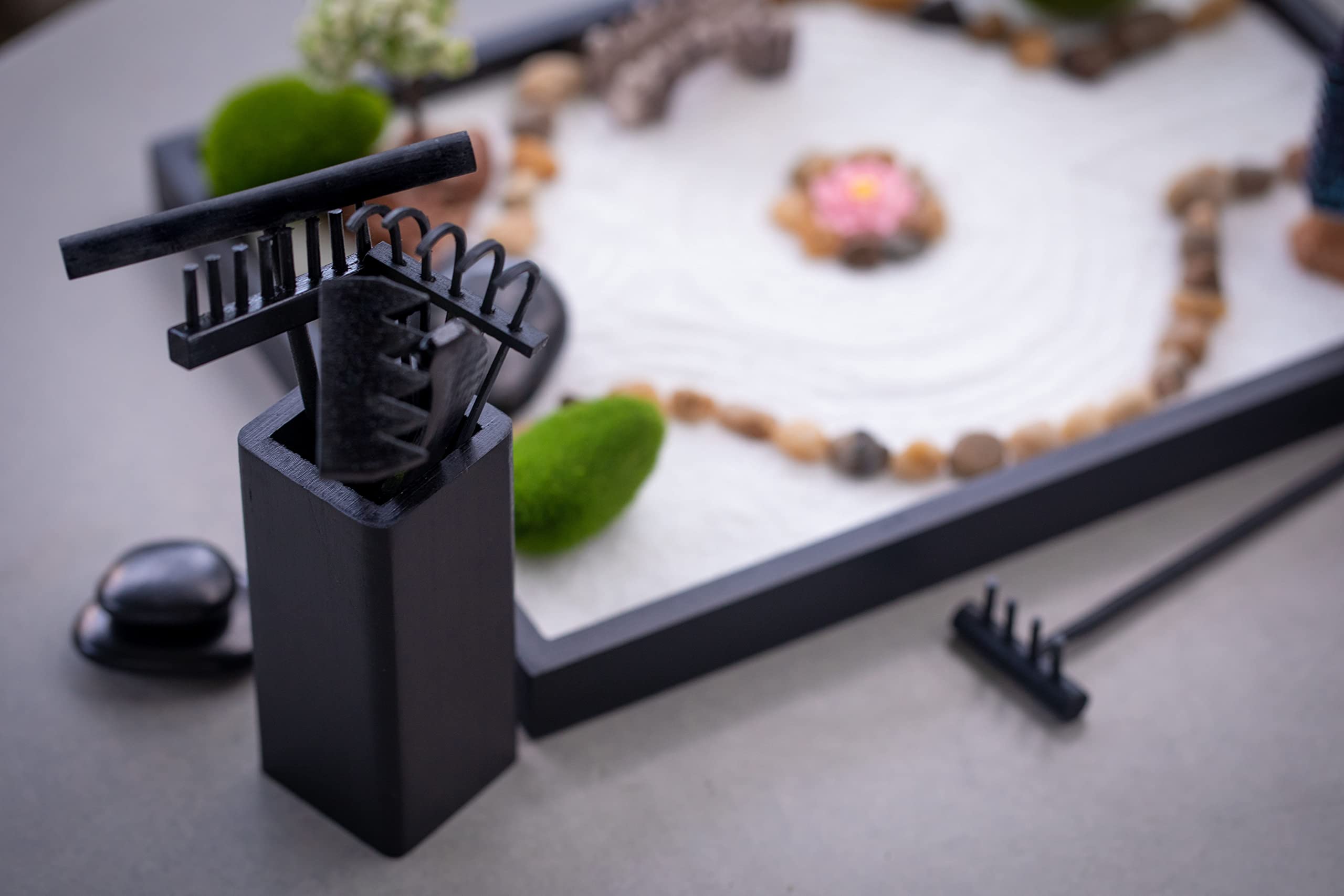 Zen Garden for Desk – 21pc. Japanese Zen Sand Garden Kit for Home, Office Desktop, Beautiful Gift, Therapy, Meditation Mini Decor Set– 11x8in. Large Sand Tray, Rocks, Black Rake Tools & Accessories