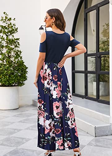 Kancystore Women's Cold Shoulder Floral Print Dresses Swing Long Dress with Pockets (Navy Blue_XXL)