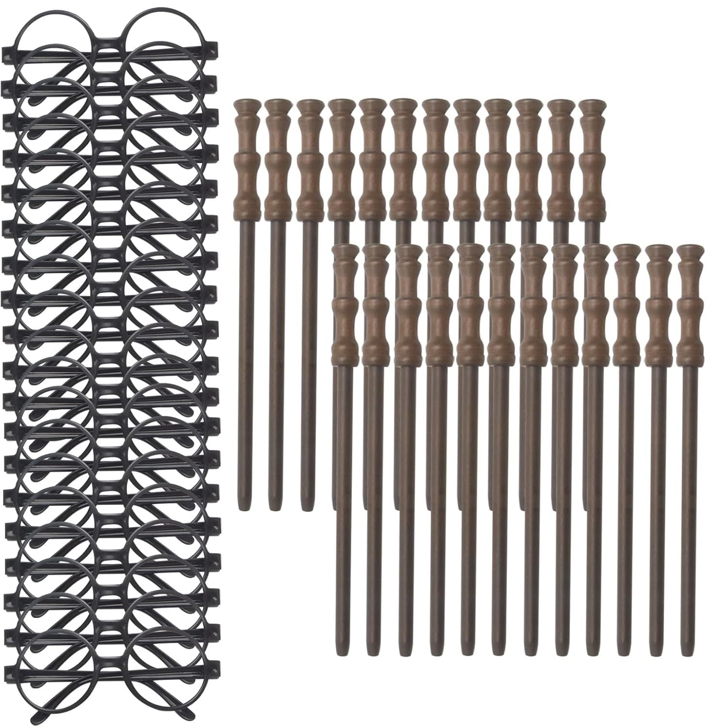 Party Supplies -24pcs Wand Pencil, 24pcs Black Glasses with Round Frame No Lenses for School Party, Birthday , Cosplay Party Decor, Halloween (48pcs all)