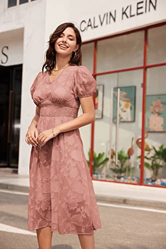 GRACE KARIN Women's Summer Puff Sleeve Flowy Dress 2023 V Neck Smocked Boho Floral A Line Tiered Midi Dresses Orange Pink