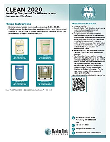 Master STAGES CLEAN2020/1G Clean 2020 Washing Compound for Ultrasonic and Immersion Washers, Pale Yellow, 1 gal Jug