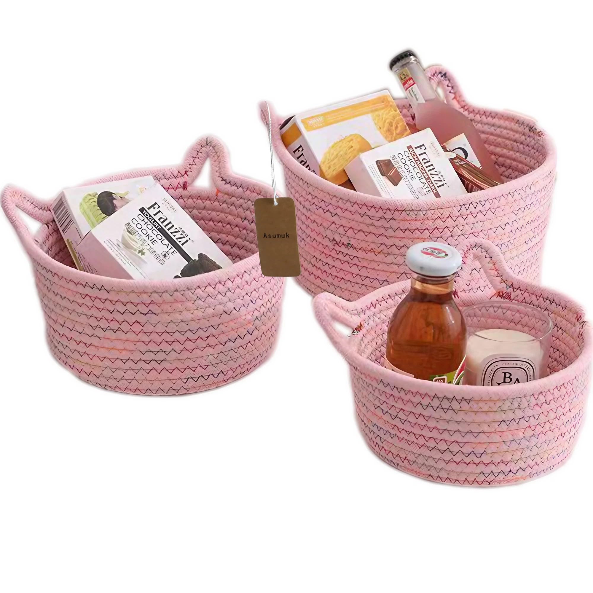 Cute Rainbow Storage Basket for Decor 3packs Shelves Cotton Rope Basket Woven Baskets Closet Organizer with Handle, Stylish Home Bedroom Table Organizer,Toy Baskets Organizers & Storage 11.5L(Pink)