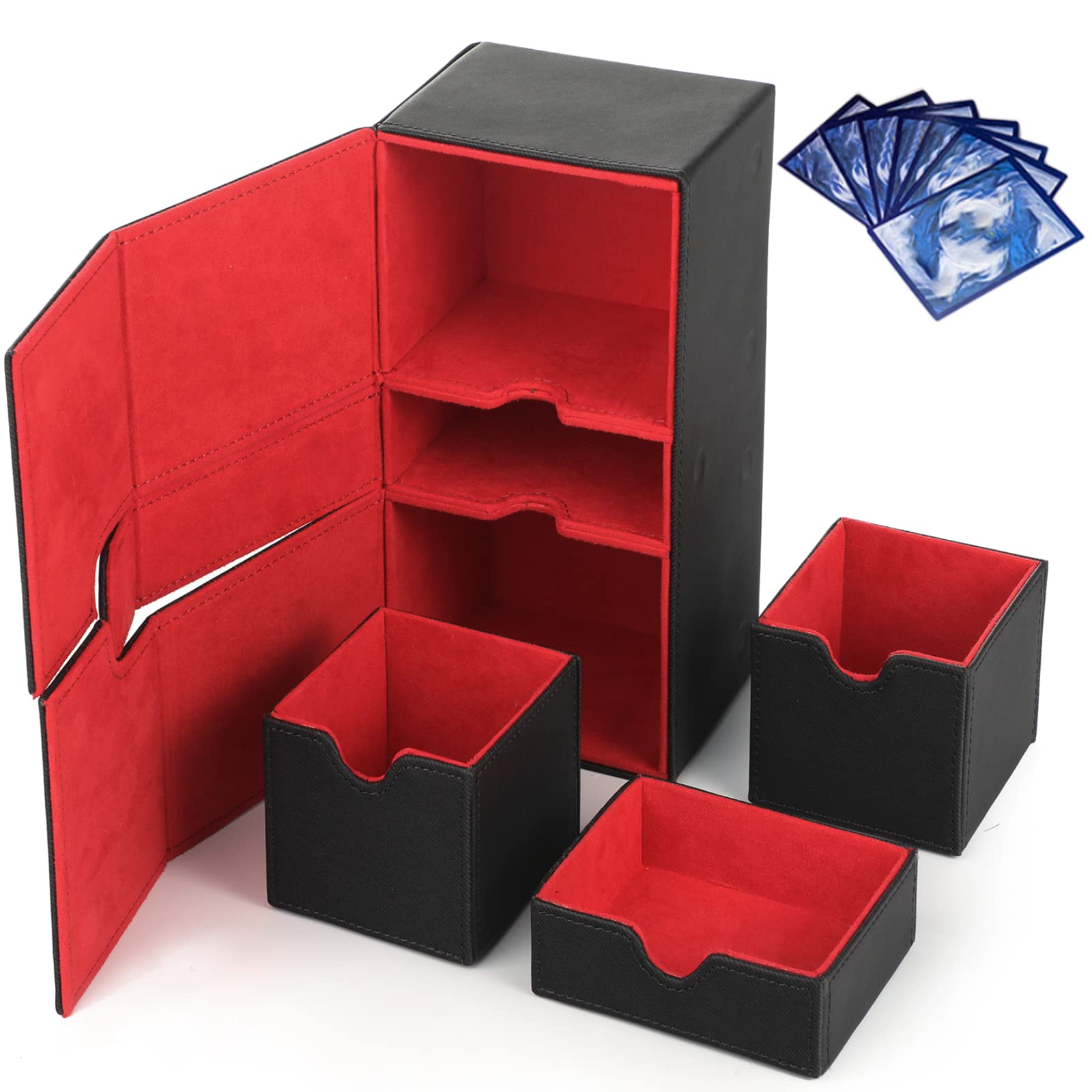 Card Deck Box, Large Flip Deck Case with 3 Trays for 220+ Sleeved Cards, PU Leather Double Deck Box for YuGiOh, TCG, MTG, Uno, Ultraman, Baseball Cards 7.95" x 4.53" x 3.54"