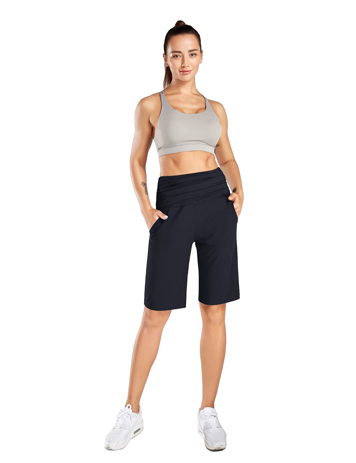 BALEAF 10" Bermuda Shorts for Women Lightweight Athletic Long Shorts Soft Runnning Workout Lounge Shorts with Pockets Black L