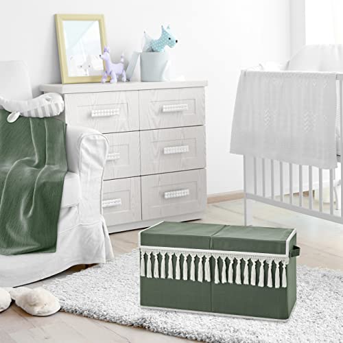 Sweet Jojo Designs Dark Green Boho Chic Girl Boy Unisex Small Fabric Toy Bin Storage Box Baby Nursery Solid Sage Hunter Ivory Bohemian Gender Neutral Linen Macrame Modern Farmhouse Designer Minimalist
