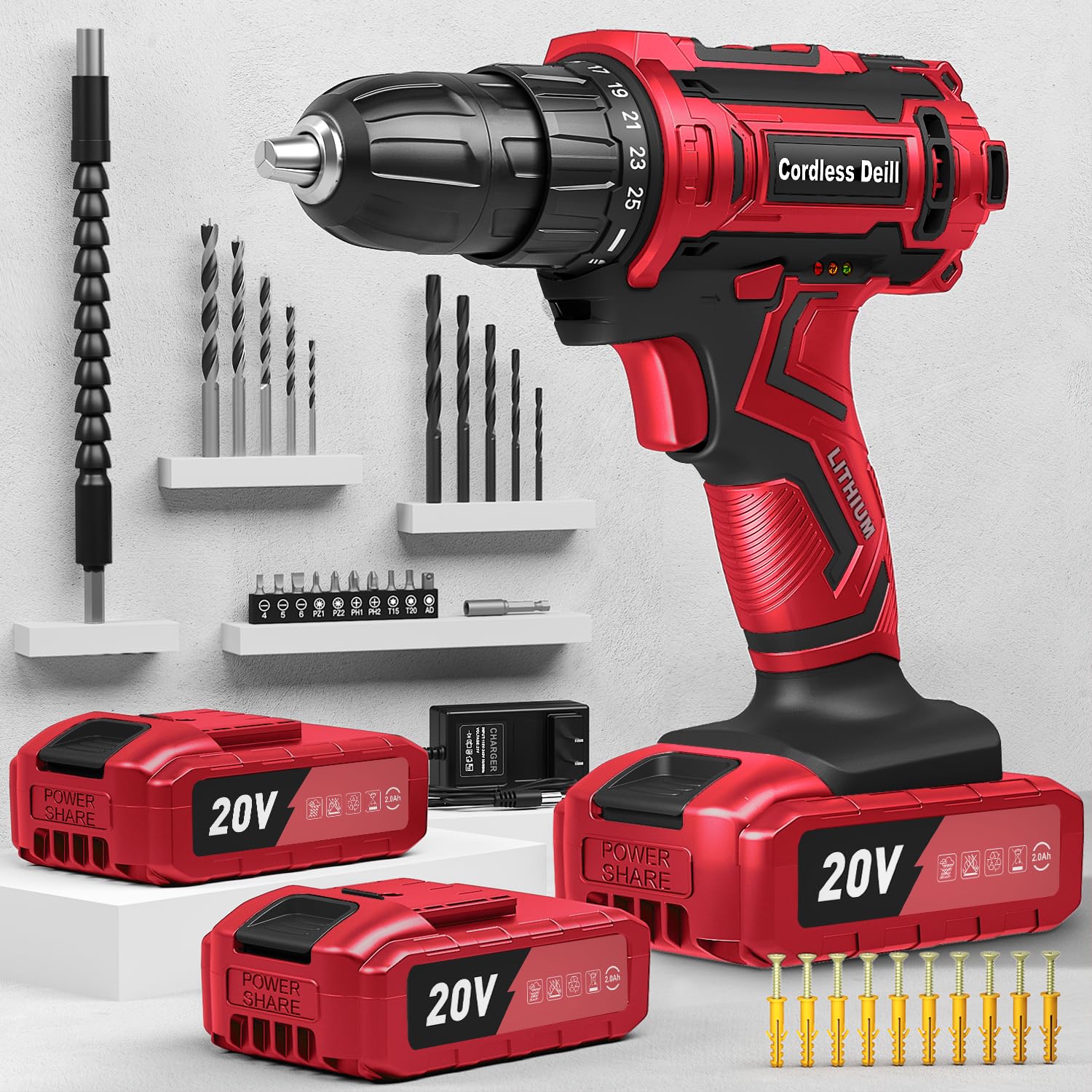 Cordless Drill 20V, Drill Set with 42pcs Accessories and Battery 2.0Ah, Electric Drill 25+1 Position, 2 Speed, 3/8 Inch Keyless Chuck, LED Light, Power Drill for Home DIY and Garden Repair