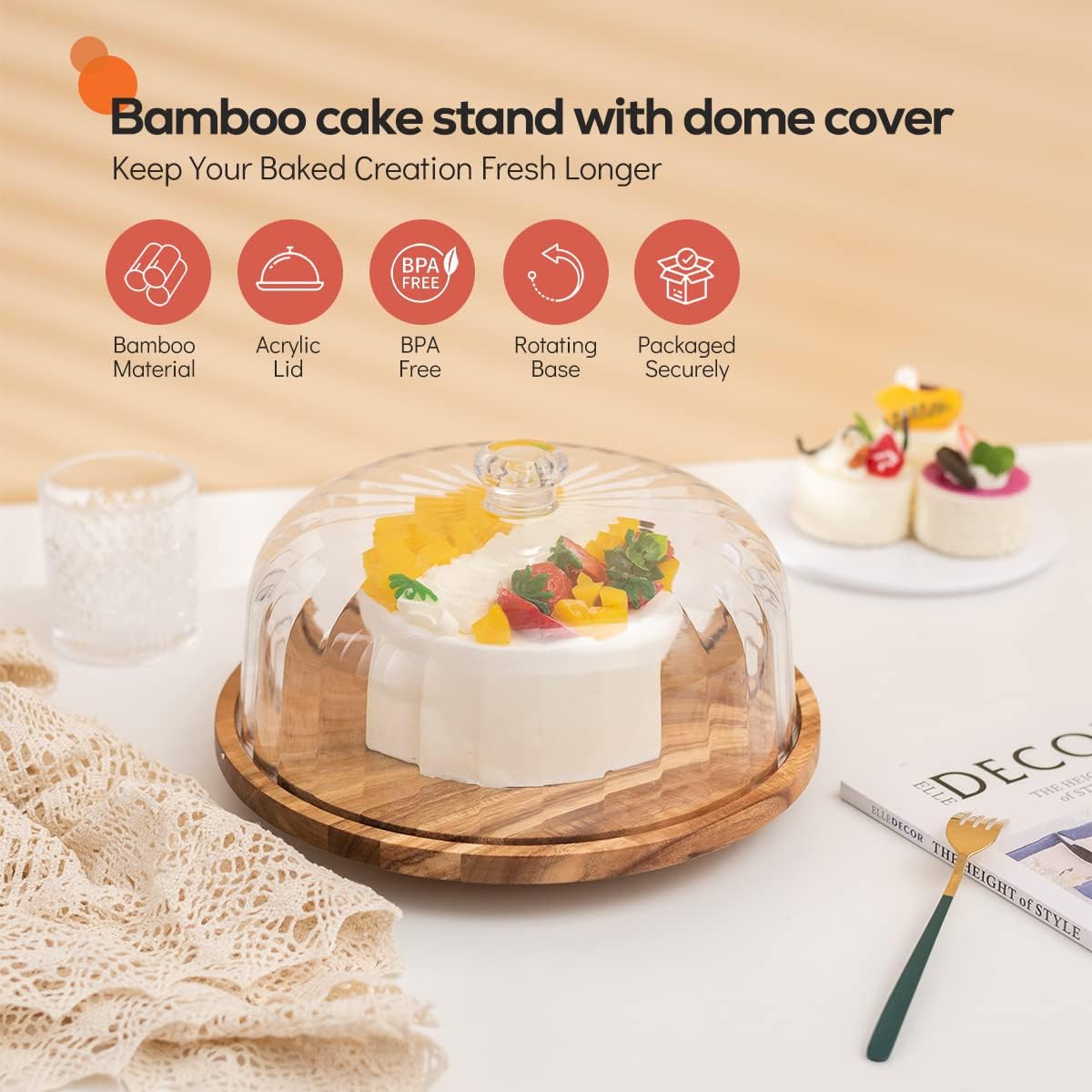 Cutesun Wood Cake Stand with Lid, 11.8'' Rotating Cake Stand with Dome, Shaterproof 10.4'' Acrylic Cake Display Cover, Cake Holder Tray for Wedding Gift,Kitchen,Birthday,Parties,Baking Gifts