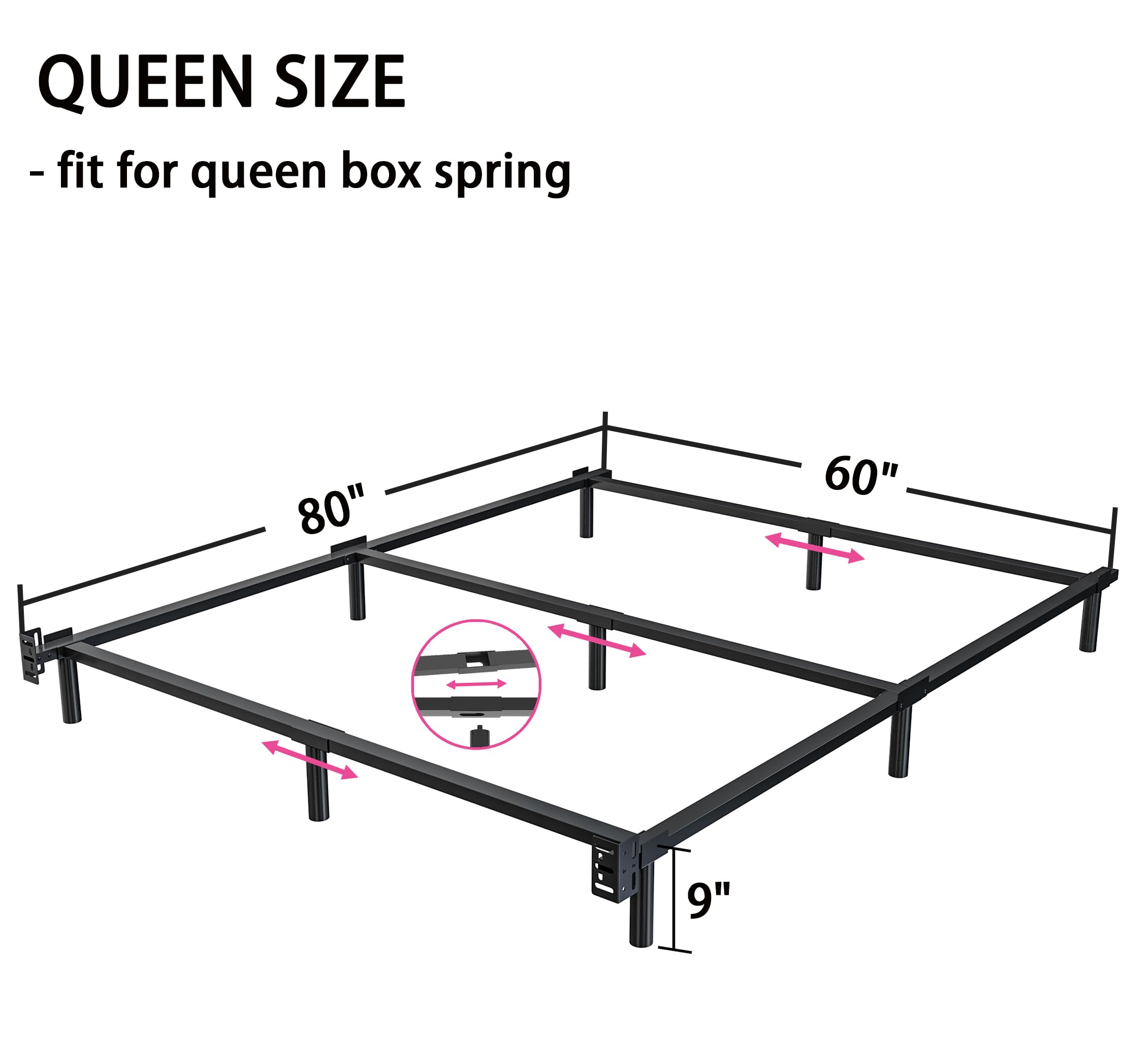 Bedsnus Queen Size Bed Frame, 9 Inch Metal Basics Bed Frame,High Profile Base for Box Spring, 9-Leg Support, Noise-Free, Easy Assembly, Black
