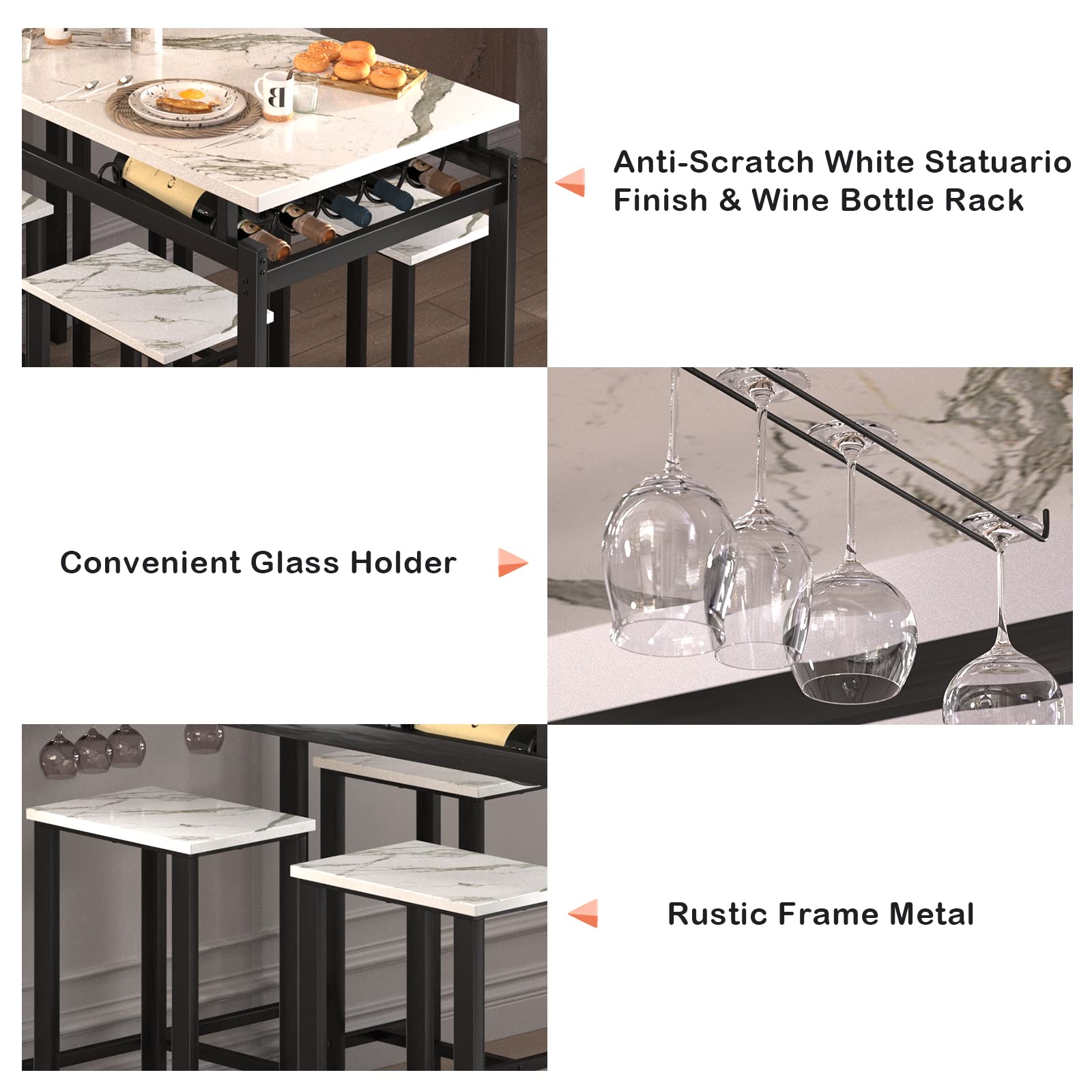 basenji Dining Table Set for 4, 5 Piece Kitchen Table and Chairs with Wine Rack and Glass Holder, Bar Table and Chairs Set Space Saving for Pub Breakfast (White Statuario Wine Rack)