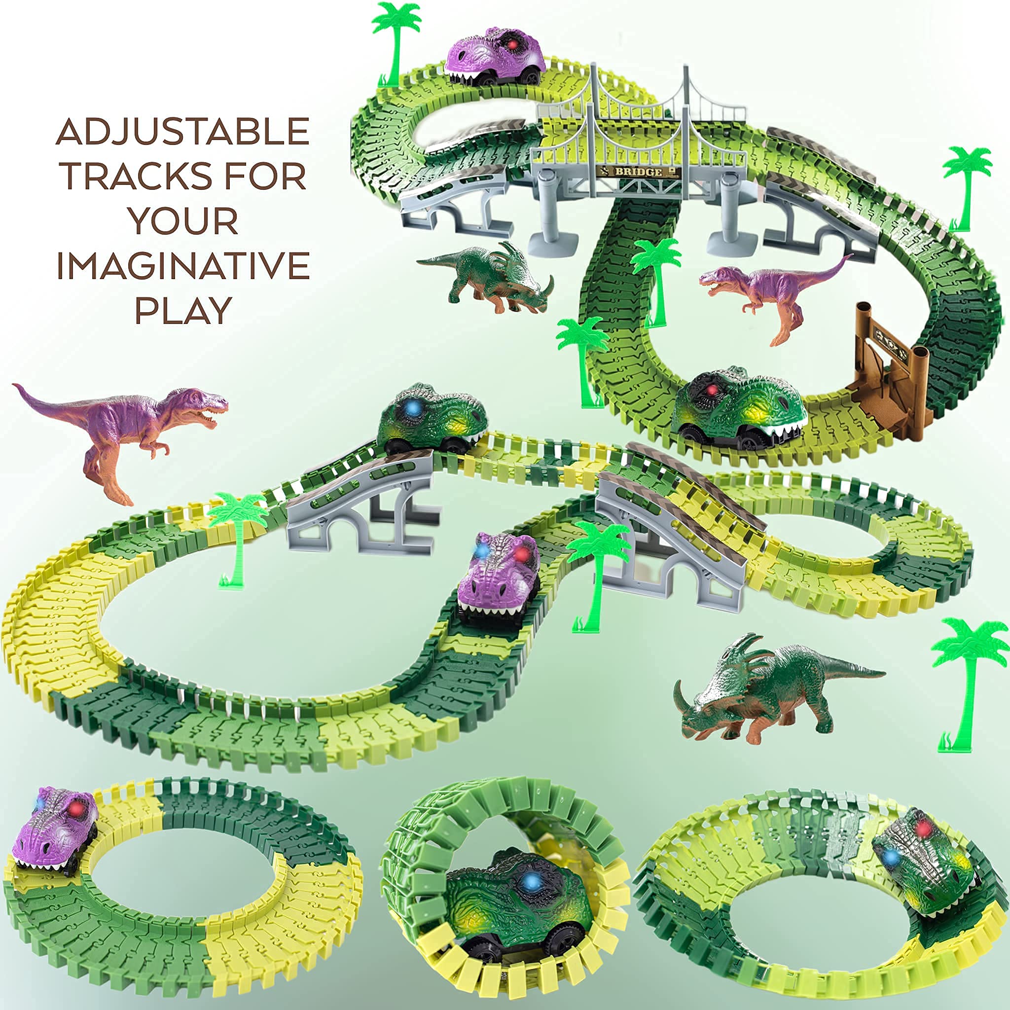 TOYLI Dinosaur Race Track Set 182 Pieces, Dino Track Flexible Dinosaur Road Race Playset with Bridge, Ramps, Dinosaur Track Toy Set is a Great 3 Year Old boy Gift.
