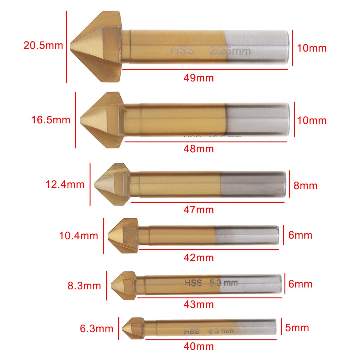 ChgImposs 6pcs Titanium Plated 3 Edge 90 Degrees Chamfer End Mill Cutter Chamfering Drill Bit with Straight Shank for Woodworking Drilling