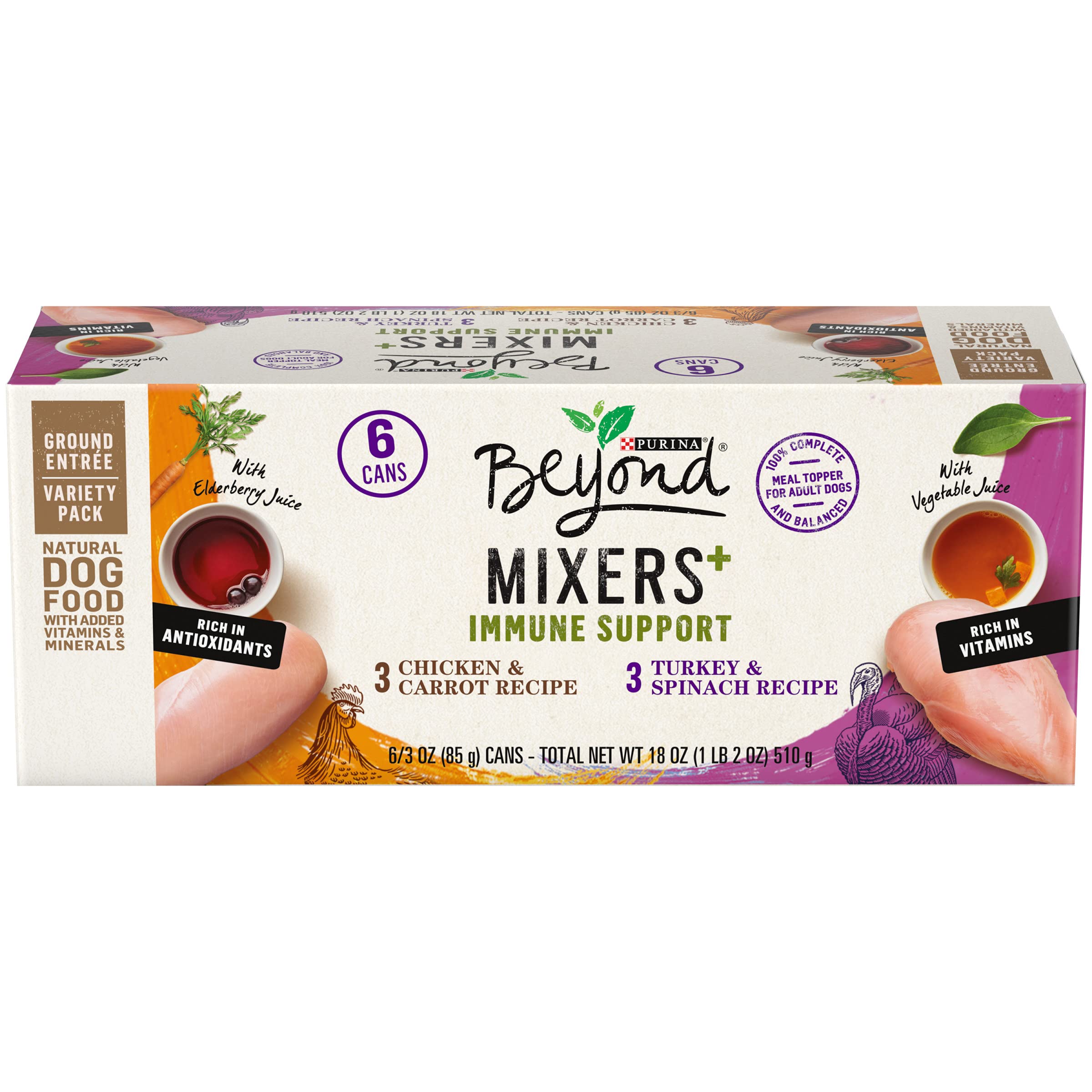 Beyond Purina Natural Wet Dog Food Complement Variety Pack, Mixers+ Immune Support Chicken & Turkey Recipes - (3 Packs of 6) 3 oz. Cans