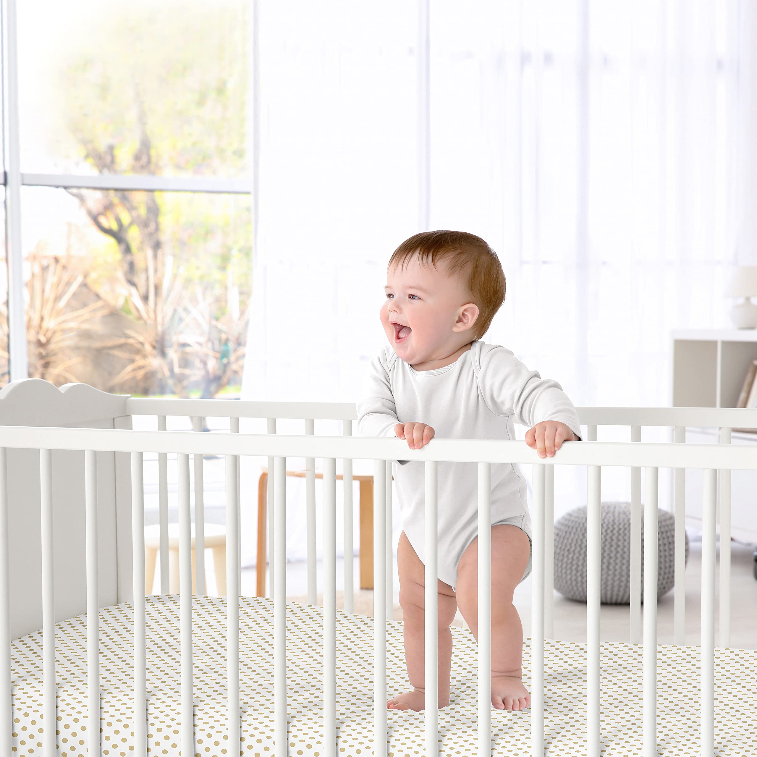 Sweet Jojo Designs Fitted Crib Sheet for Amelia Baby/Toddler Bedding - Gold and White Polka Dot