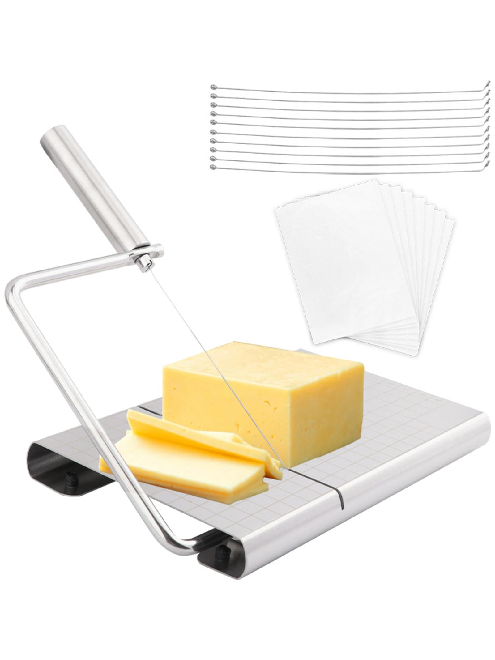 Cheese Slicer with Board for Block Cheese,Stainless Steel Cheese Slicer with 10 Replacement Wires,Tightness Adjustable Cheese Slicer for Block Cheese, Dishwasher Safe(silver,Size:8.27x5.12x0.91inch)
