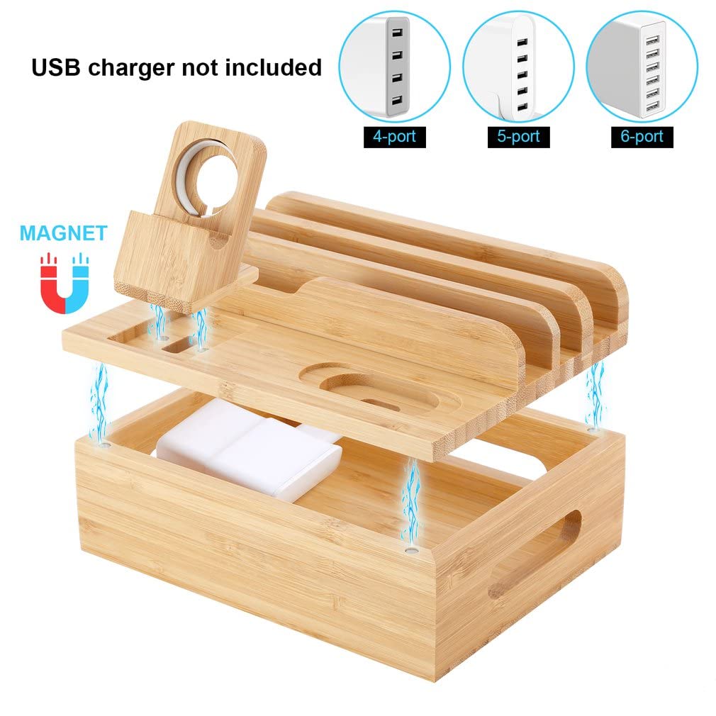 Bamboo Charging Station for Apple Multiple Devices Wood Desk Organizer and Accessories,Desk Drawer Organizer Extended Port Cell Phone Docking Station for iPhone Ipad Apple Watch Airpods