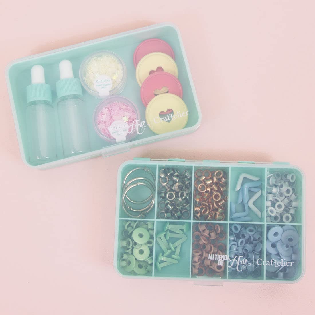 Craftelier - Mini Organizing Box with 10 Compartments for Scrapbooking and Craft Materials | Dimensions 14.6 x 9.1 x 3.2 cm (5.75β x 3.6β x 1.25") - Transparent and Turquoise Color