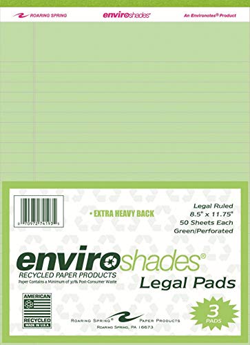 Roaring Spring Enviroshades Legal Pad, 8-1/2 X 11-3/4 in, 50 Sheets, Paper, Green, Pack of 3 - 1465587