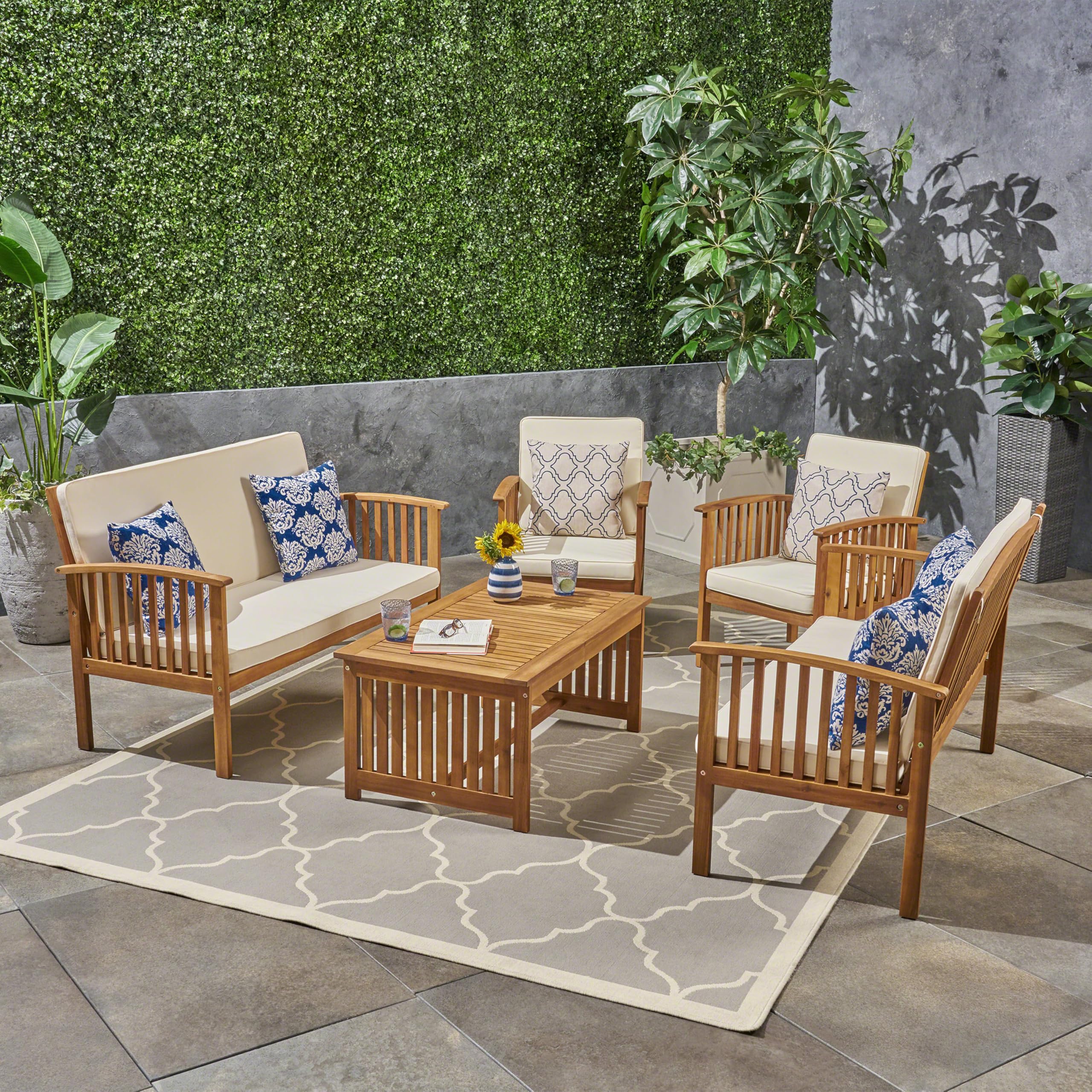 Christopher Knight Home Outdoor 5-Piece Acacia Wood Sofa Conversation Set, Brown Patina Finish and Cream