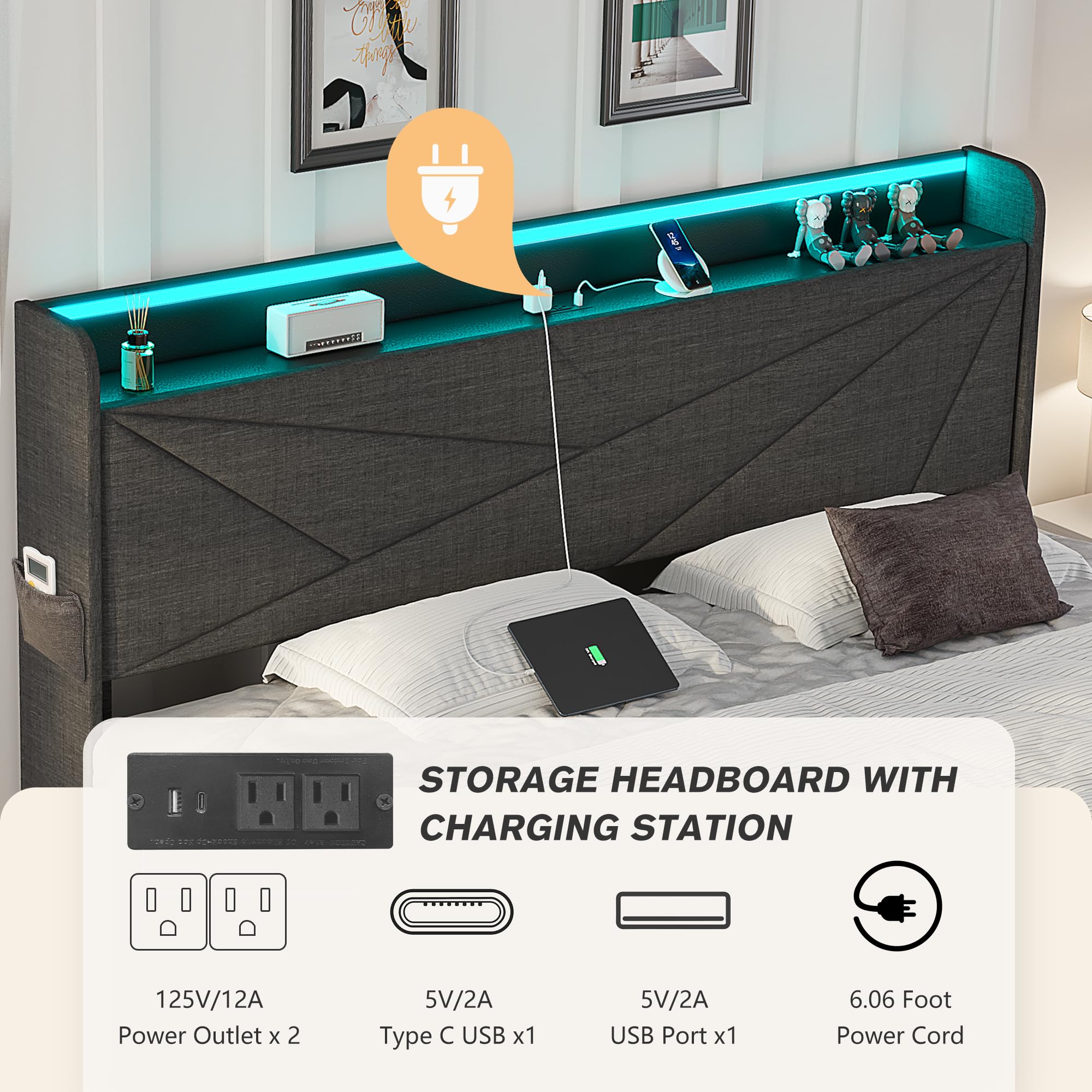 Full Size Bed Frame with Storage Headboard,Upholstered Platform Bed Frame with LED Lights and Charging Station,Heavy Duty Wood Slats Bed Frame No Box Spring Needed, Noise Free, Easy Assembly (Full)