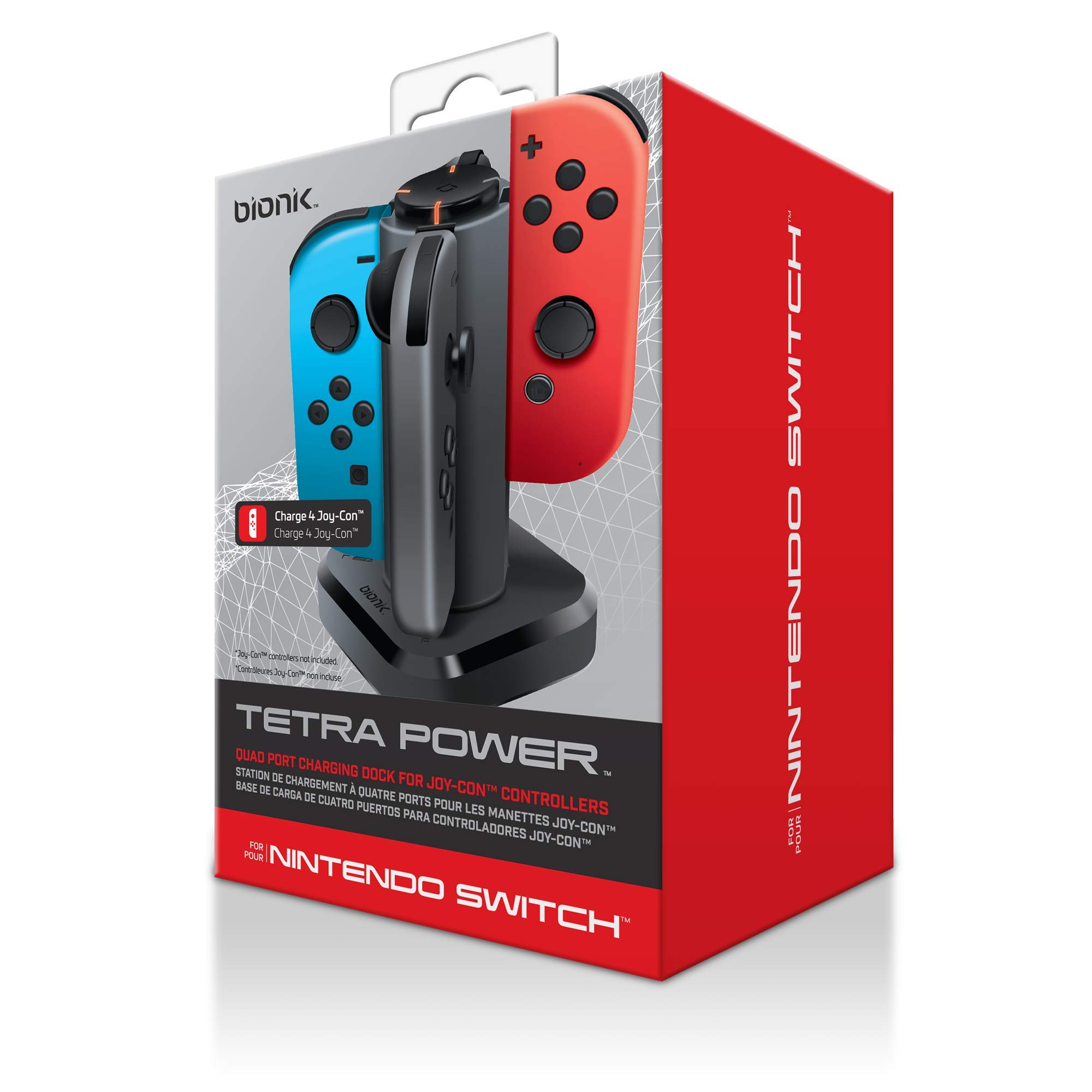 Bionik Tetra Power - Nintendo Switch Joy Con Charging Dock (4 Controllers) with Built-In Cable Adjustment System and LED Charge Status Indicators