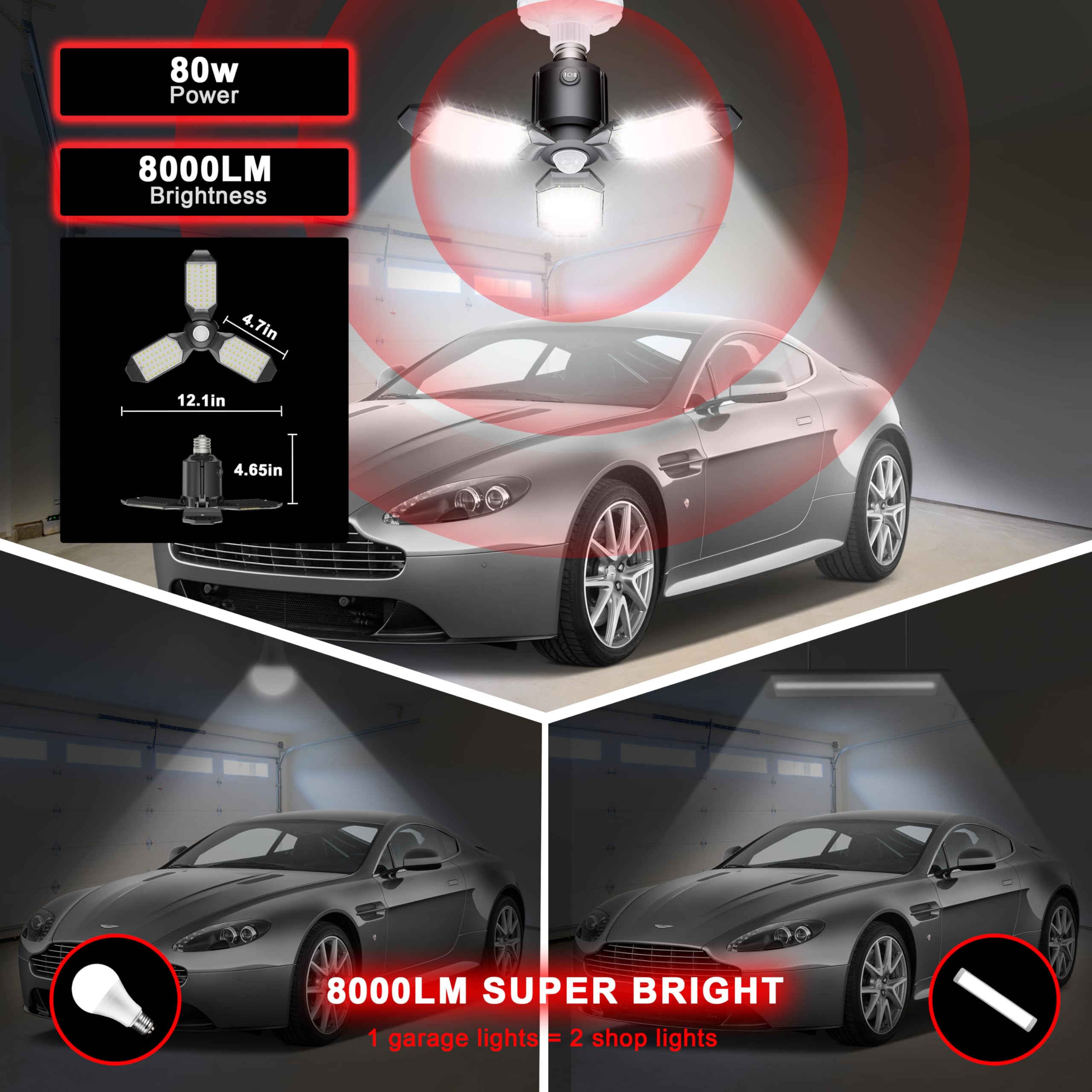 Craftersmark Motion Sensor Garage Light, 80W Motion Sensor Light Indoor,Deformable Garage Light Ceiling LED,8000LM Super Bright Motion Activated LED Shop Light for Stairway,Workshop,Basement(1Pack)