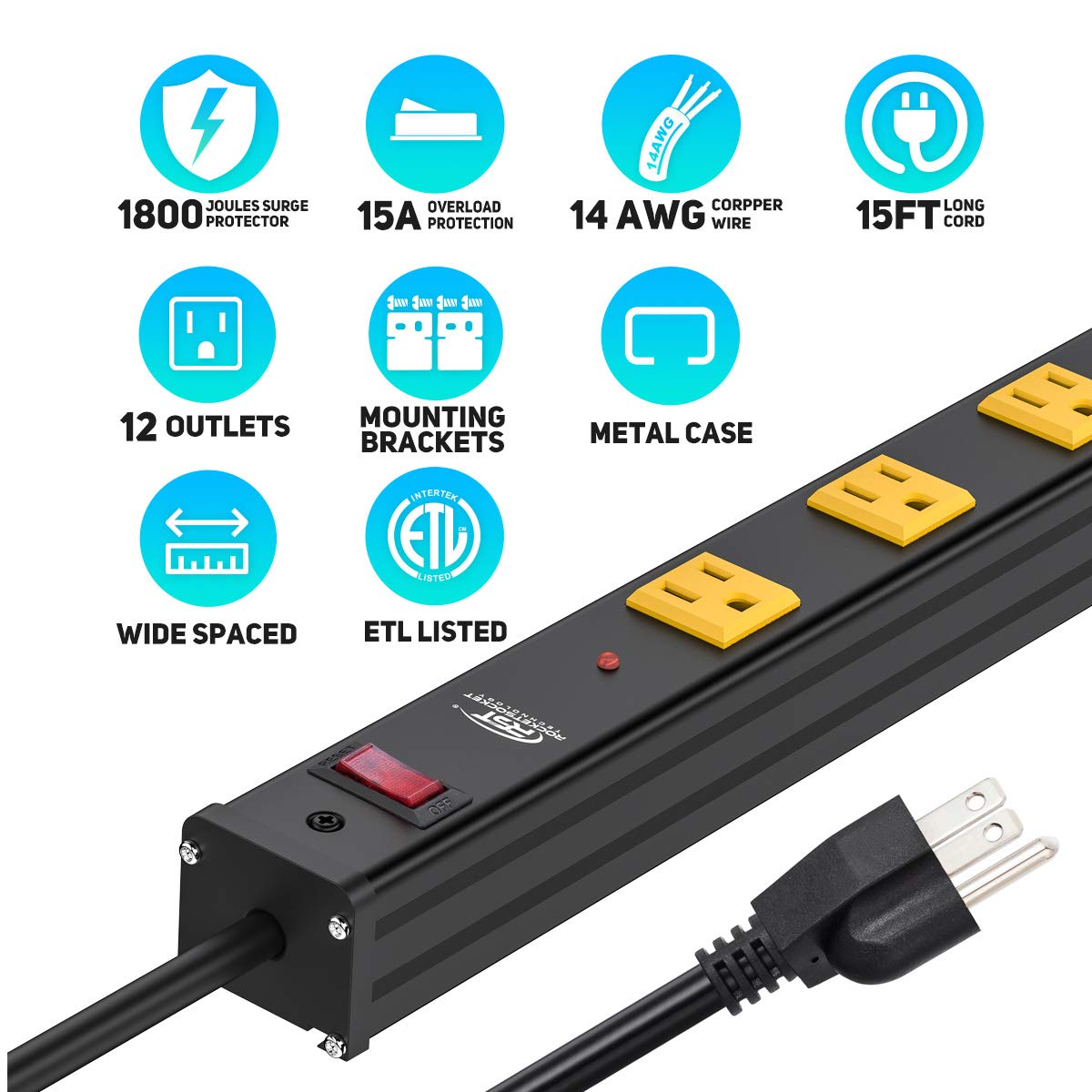 CRST Heavy Duty Surge Protector Power Strip Wide Spaced 12-Outlet 15 Feet Long Extension Cord with Mounting Brackets 15A Circuit Breaker 1800 Joulesā¦