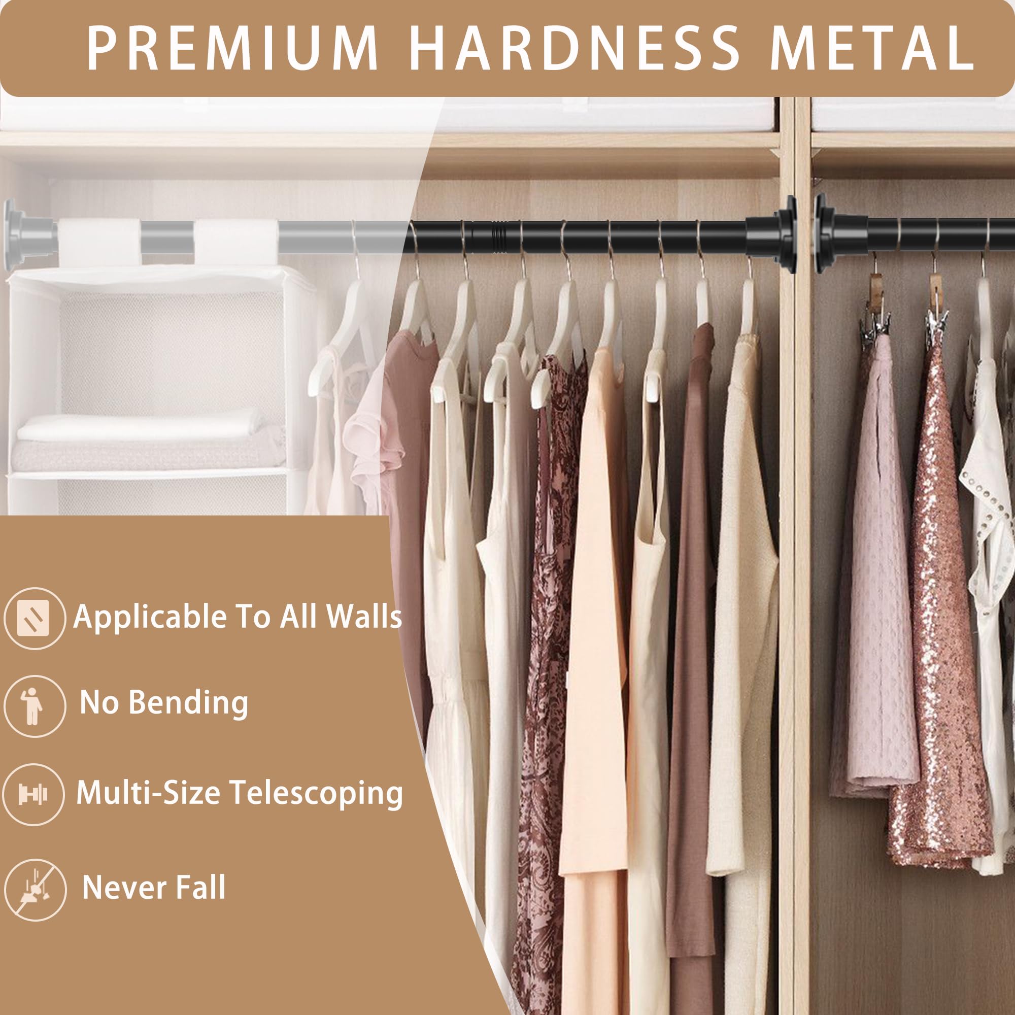Closet Rod 30-52 Inches,No Drilling Adjustable Closet Rods for Hanging Clothes,Space Saving Tension Spring Pole Closet Bar for Wardrobes(With Holder)