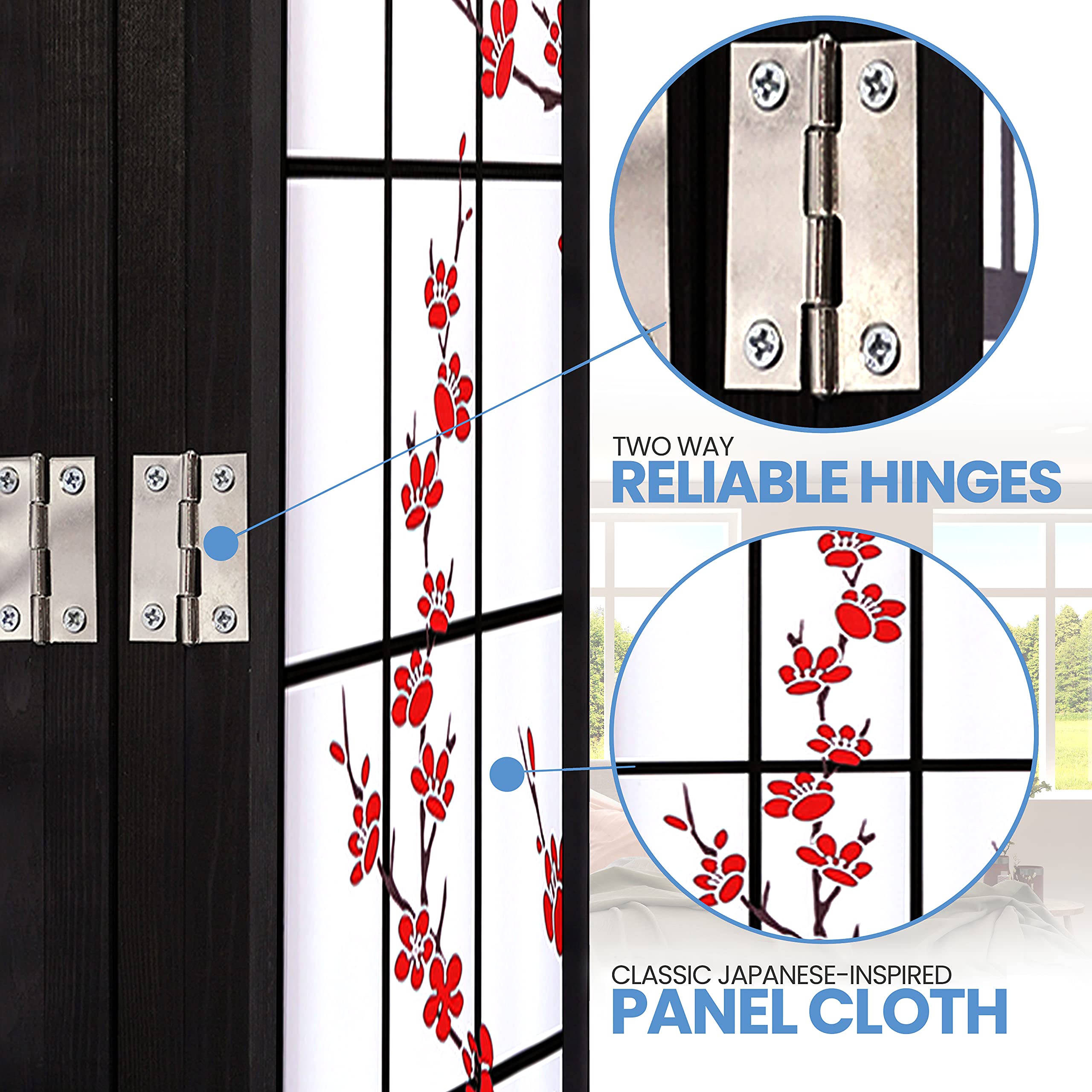 SereneLife Japanese Screen Room Divider - Portable Freestanding Classic Indoor Decorative 4-Panel Separator, Folding Privacy, Dressing Area, Office, Elegant Plum Blossom Design