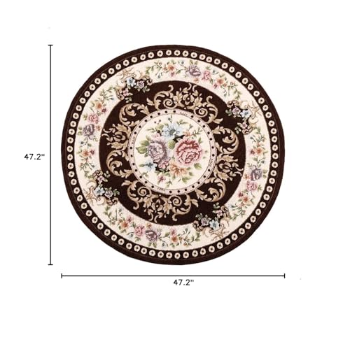 Tyrafry 4ft Floral Round Area Rug Classic Non-Slip Machine Washable Room Mat Sustainable Kitchen Rug Traditional Area Rug for Living Room, Brown