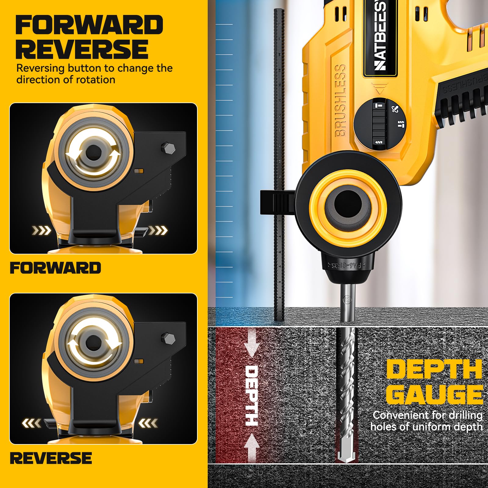 Cordless Rotary Hammer Drill for DeWalt 20V Battery: Brushless 1 Inch SDS Hammer Drill for Concrete - 4 Mode - 2.5 Joules -1500 RPM - with 360° Auxiliary Handle and 4 Drill Bits, Tool Only